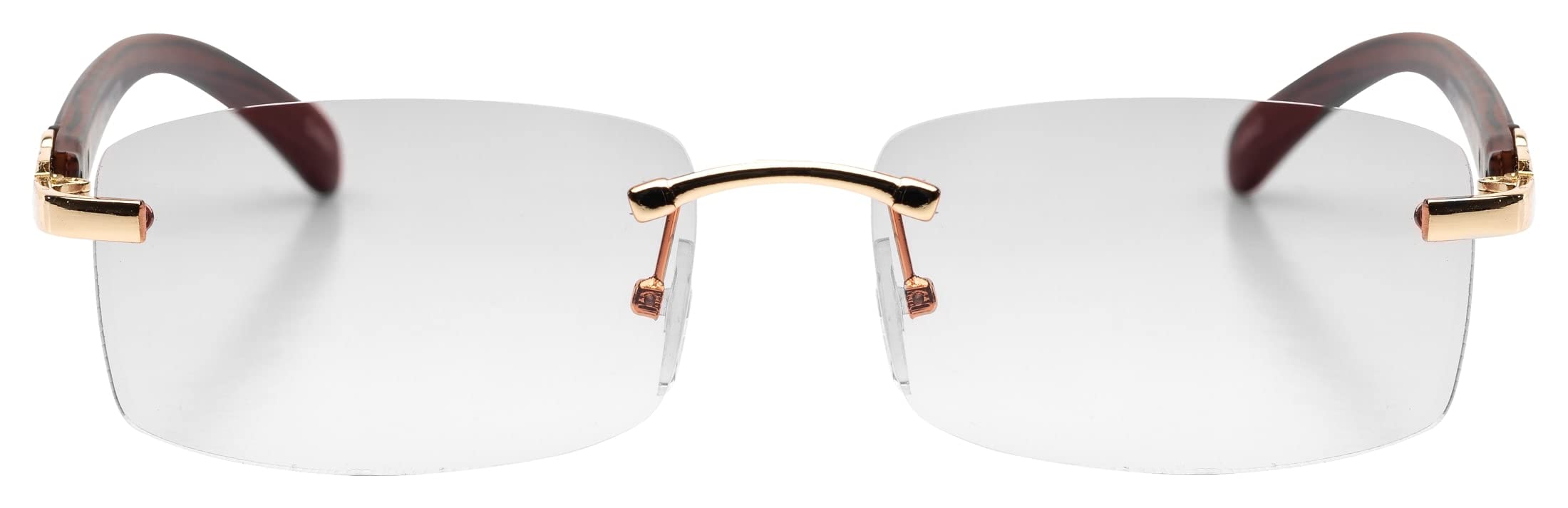 Elite Slim Rimless Rectangular Metal & Wood Art Aviator Sunglasses (Cherry Gold Clear)