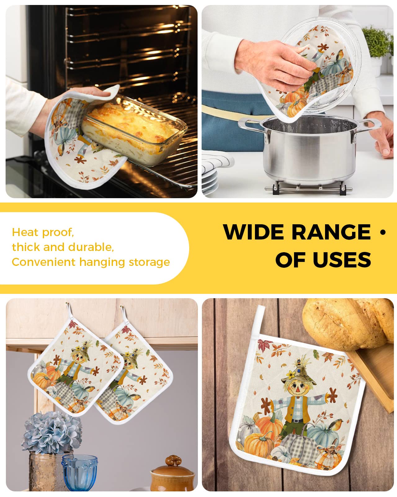 Fall Scarecrow 2 PCS Pot Holders for Kitchens Counter, Autumn Thanksgiving Pumpkin Maple Burlap Heat Insulated Podholders Oven Hot Pads for Cooking BBQ Baking Heat Proof Mat