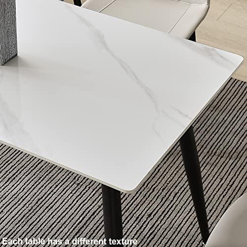 seonyou Dining Table Slate Stone with Sturdy Black Metal Base, White Mid Century Modern Dining Table Kitchen Tables for Small Spaces Rectangular Dining Room Table Restaurant(47“L)