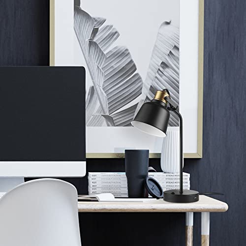 Globe Electric 30297 18" Desk Lamp with 2.1 USB Port, Matte Black, Brass Accents, Push Button On/Off Switch, Home Décor, Desk Lamps for Home Office, Home Office Accessories, Home Improvement