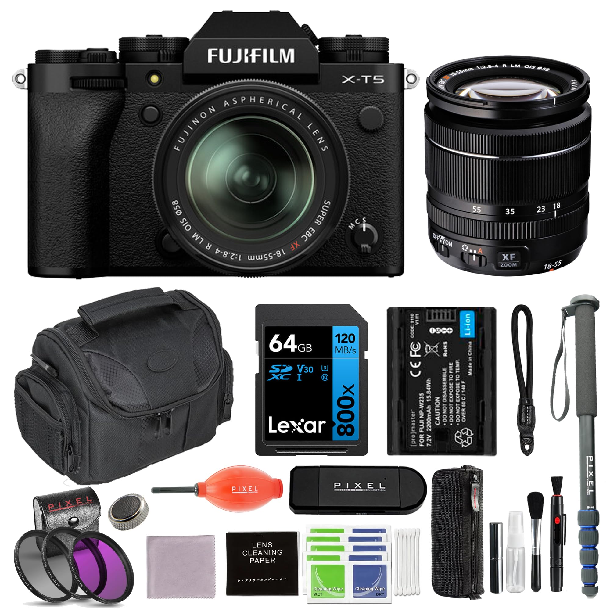 FUJIFILM X-T5 Mirrorless Camera with 18-55mm Lens (Black) Bundle with Extra Battery, Monopod, 58MM 3PC Filter Kit & More (11 Items) | USA Authorised with Fujifilm Warranty | Fuji x-t5