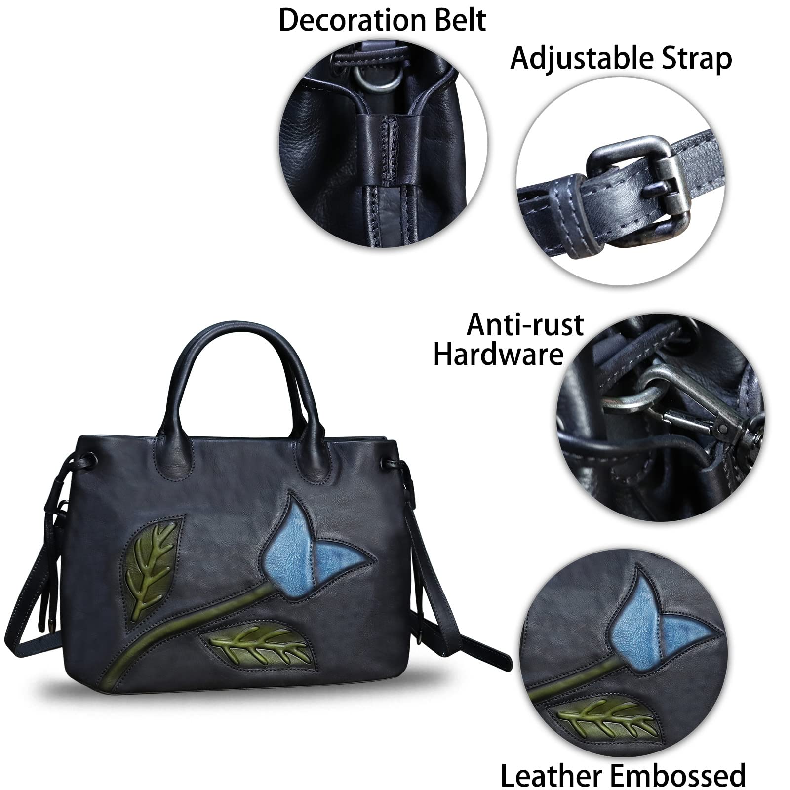 Genuine Leather Handbag Purse for Women Handmade Top Handle Bag Retro Crossbody Satchel Casual Shoulder Bag (Black)