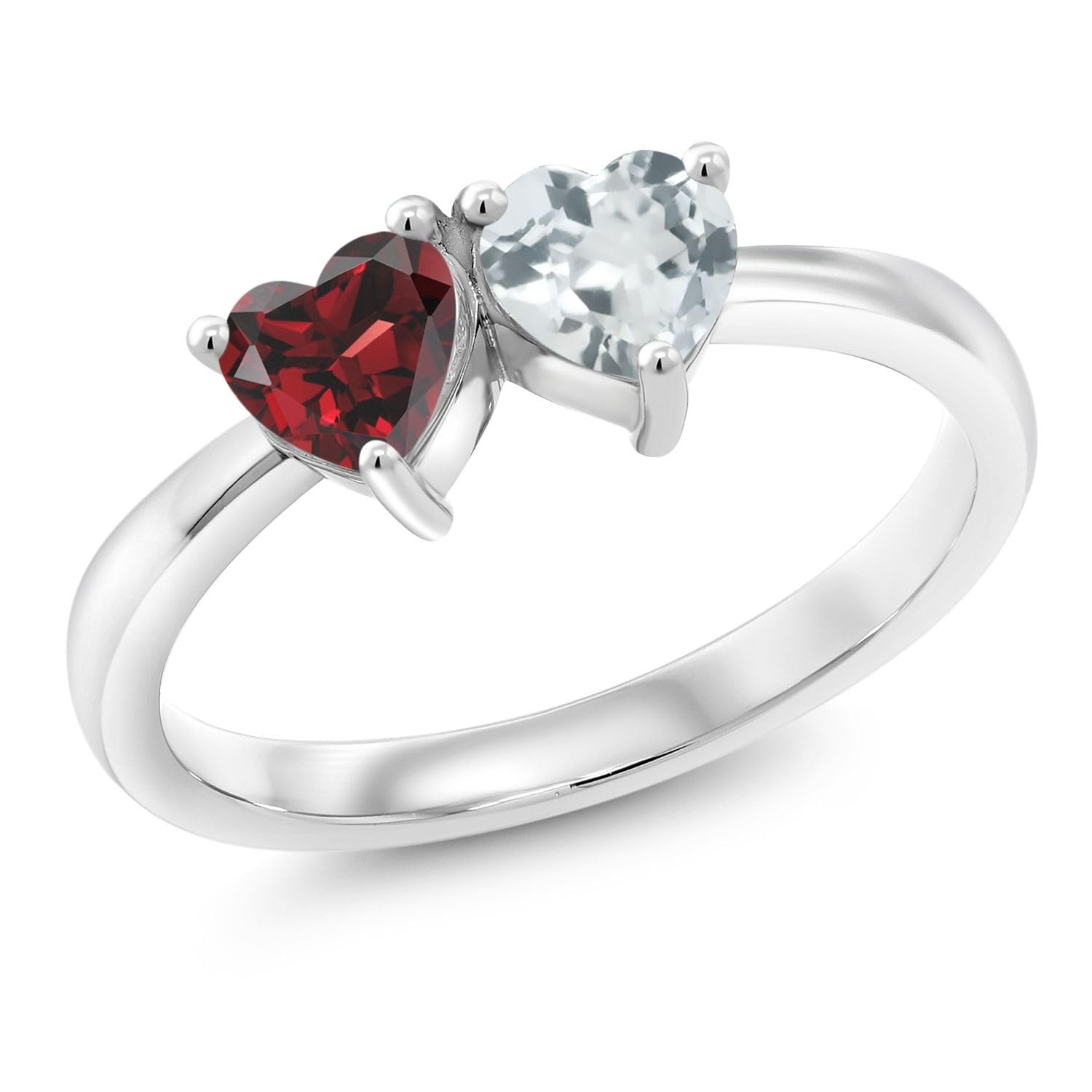 Gem Stone King 925 Sterling Silver Red Garnet and Sky Blue Aquamarine Ring For Women (1.02 Cttw, Heart Shape 5MM, Available in size 5, 6, 7, 8, 9)