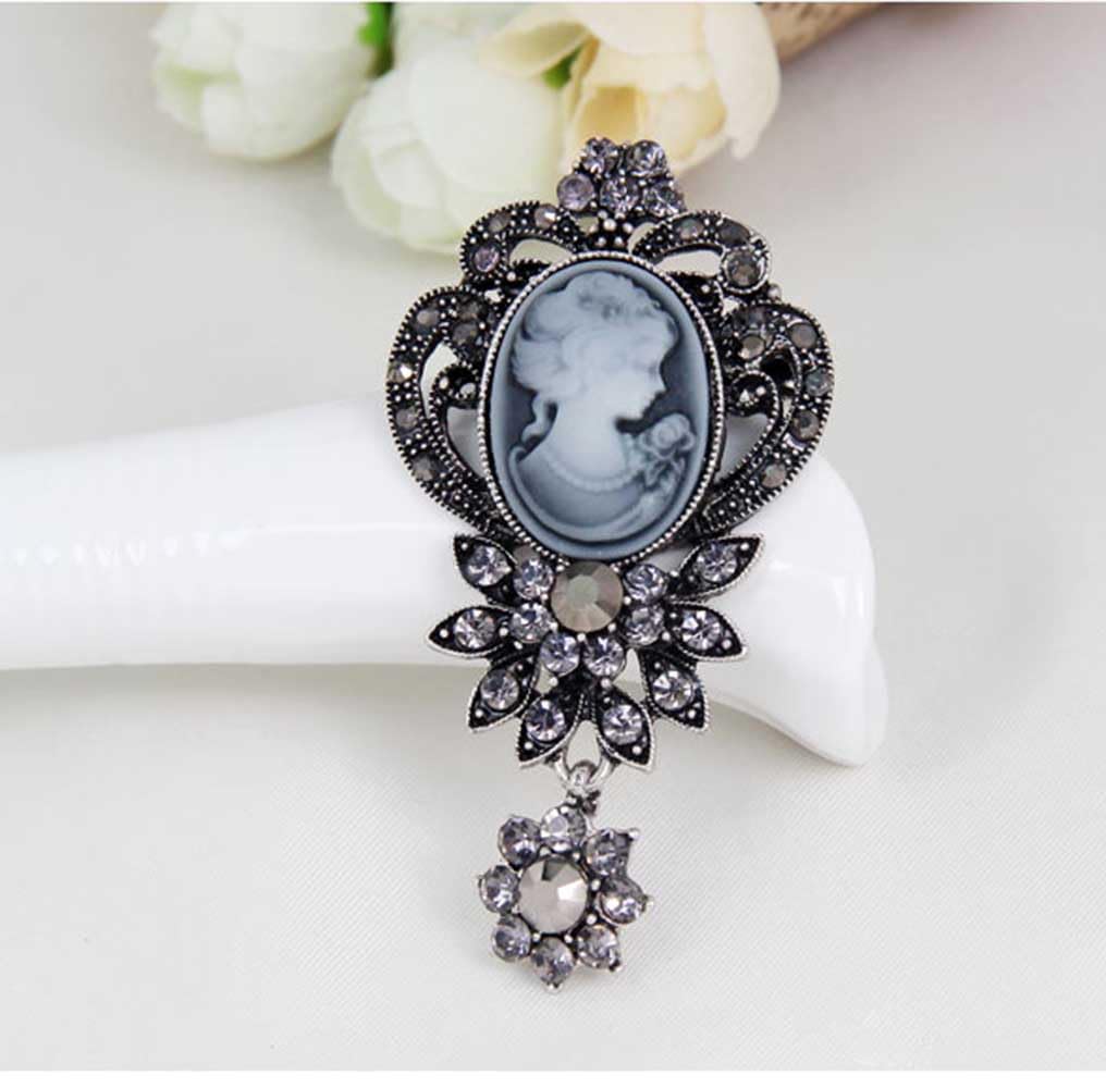 Ezing Vintage Princess Frame Crystal Cameo Brooches Pins Set for Women (C)