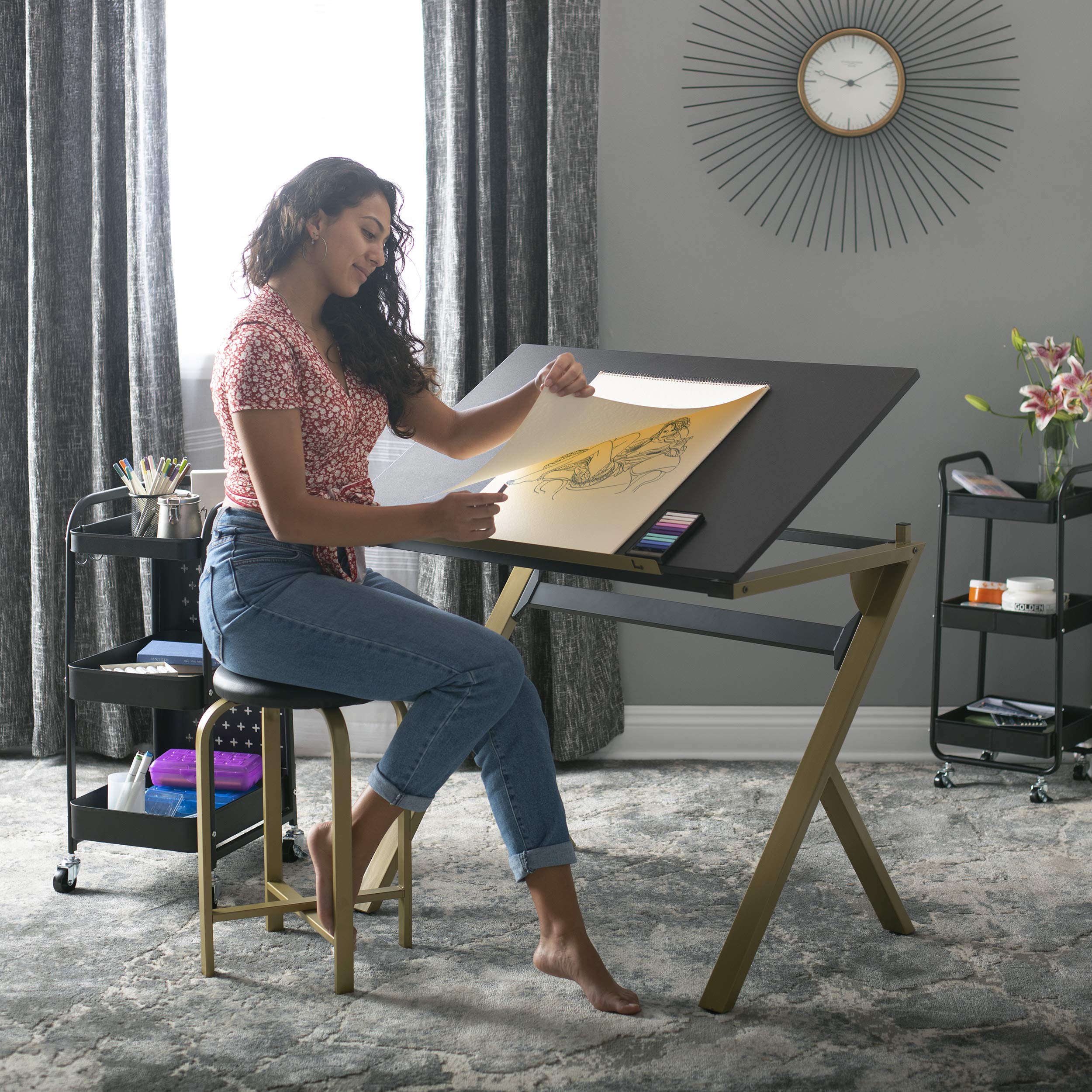 SD STUDIO DESIGNS Stellar 36" Wide Craft/Drawing Table with Adjustable Top and Padded Stool Set, Gold/Black
