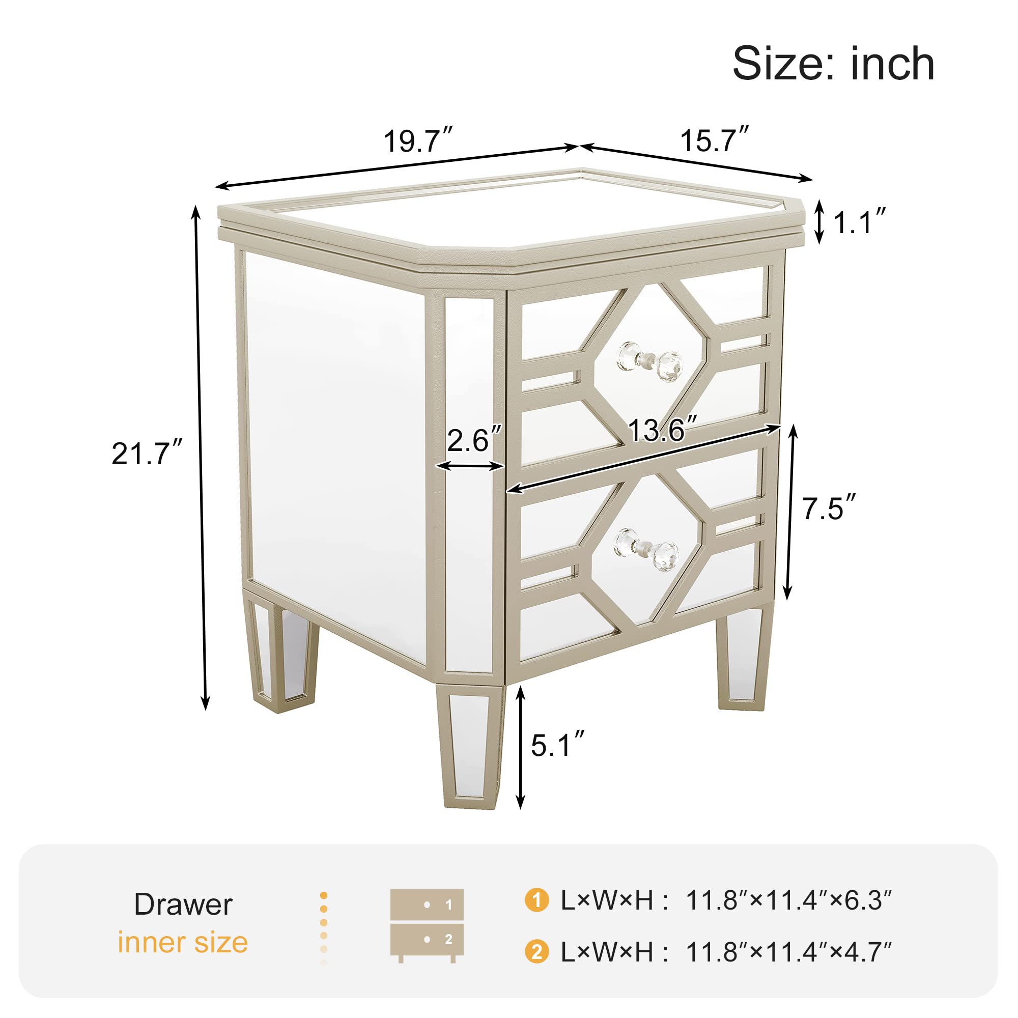 FOURBF Elegant Mirrored 2-Drawer Nightstand with Golden Lines, Side Table for Living Room, Hallway, Entryway