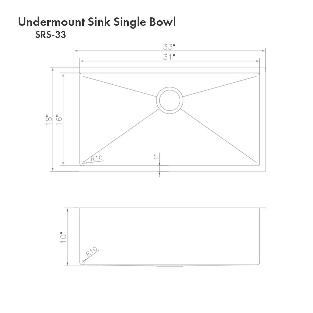 ZLINE 33" Meribel Undermount Single Bowl Stainless Steel Kitchen Sink with Bottom Grid (SRS-33)