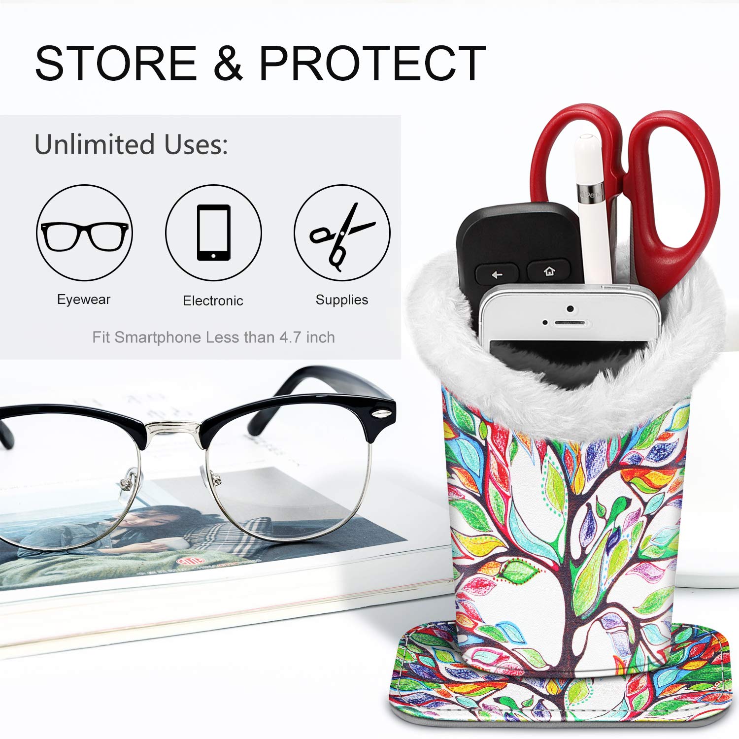 Fintie Plush Lined Eyeglasses Holder with Magnetic Base- Premium Vegan Leather Glasses Stand Case, Love Tree