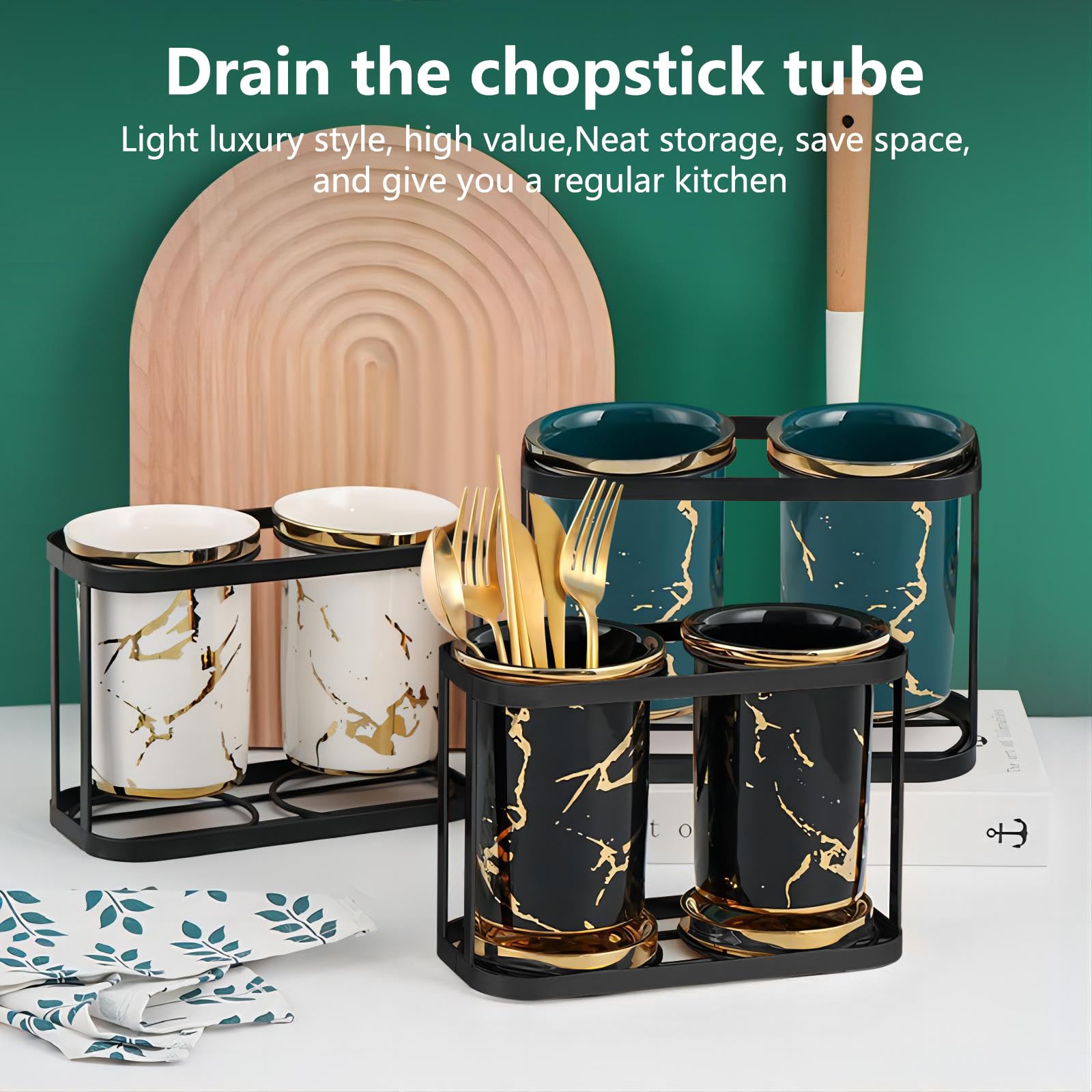 Fourmor Cutlery Holder Multi - Ceramic marble pattern Functional Utensil Holder Chopsticks Knife Flatware Drainer Storage Box Spoon Fork Tableware Drain Kitchen Organizer Rack Set of 2