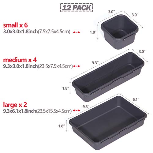 Set of 12 Interlocking Desk Drawer Organizer Tray Dividers Plastic Shallow Narrow Drawers Organizers Separators and Storage Bins Container for Kitchen Bathroom Makeup Office Vanity Bedroom Dresser