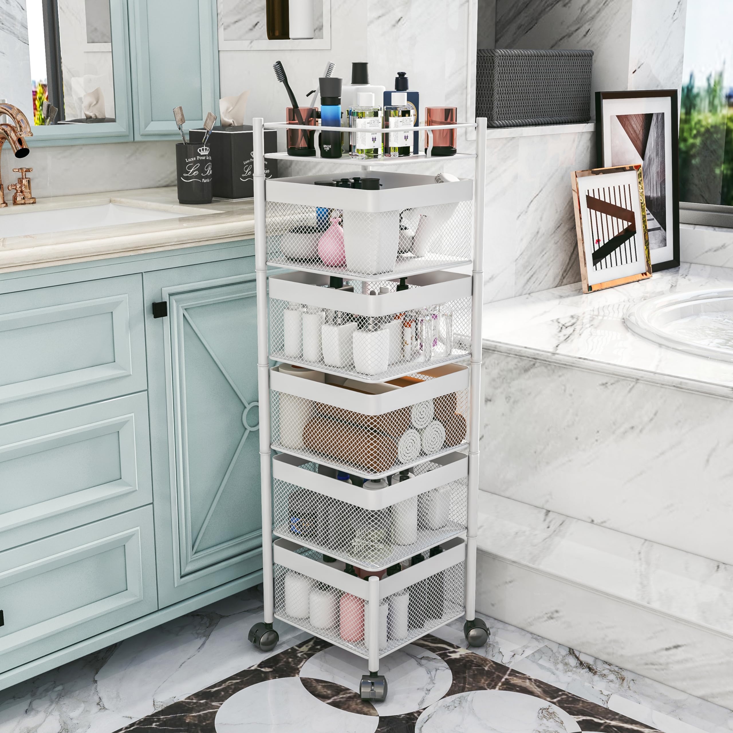 xinyourui Fruit Basket for Kitchen No Assembly,Rotating Kitchen Storage Rack,Bathroom Shelf, Organizers and Storage Cart on Rolling Wheels,Potato and Onion Storage Organizer(White, 5 Tier-Square)