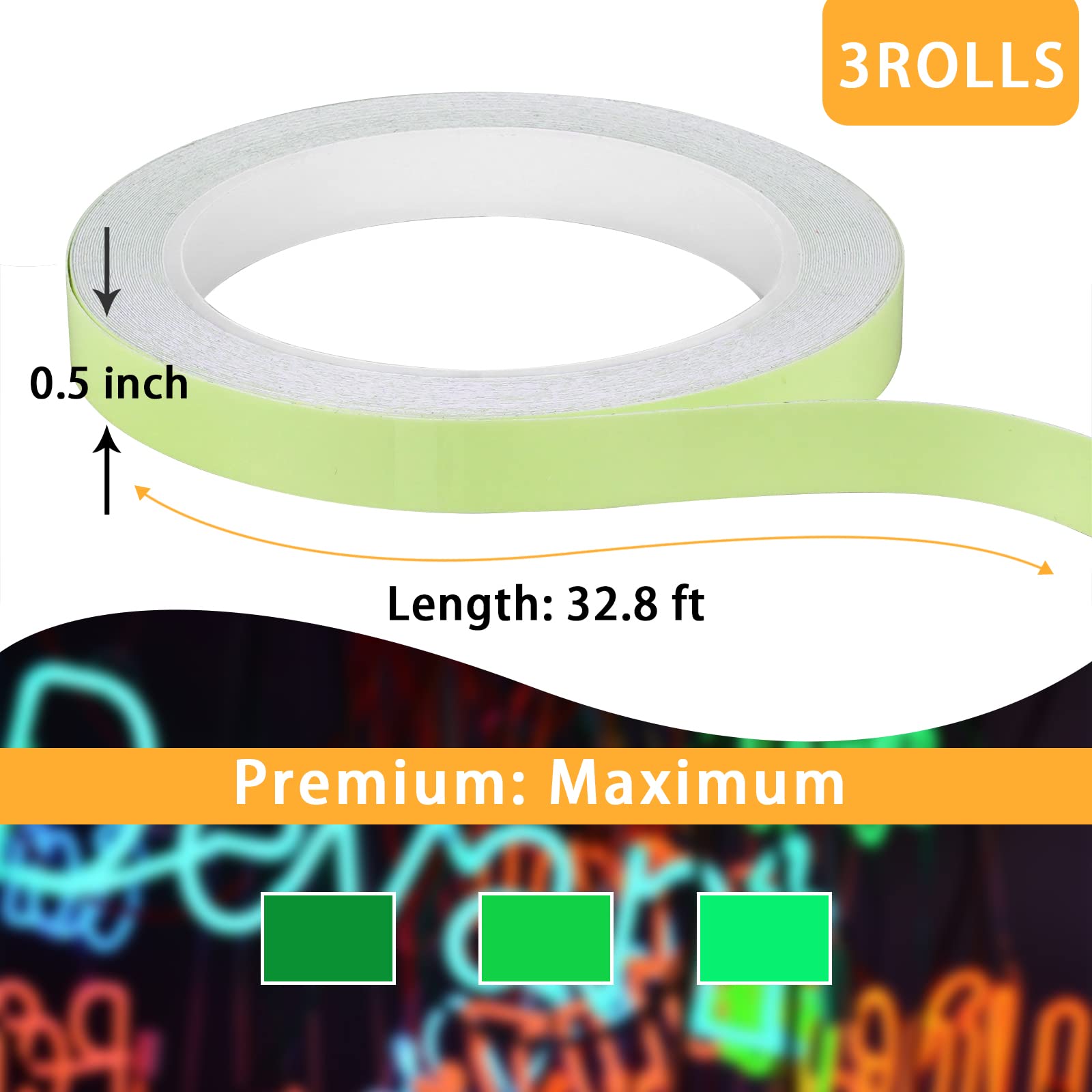 Glow in The Dark Tape, Fluorescent Tape, Light Reflective Tape, Bright Waterproof for Stage, Stairs, Walls, Steps, Exits etc. 0.5inchx32.8ft - 3Rolls