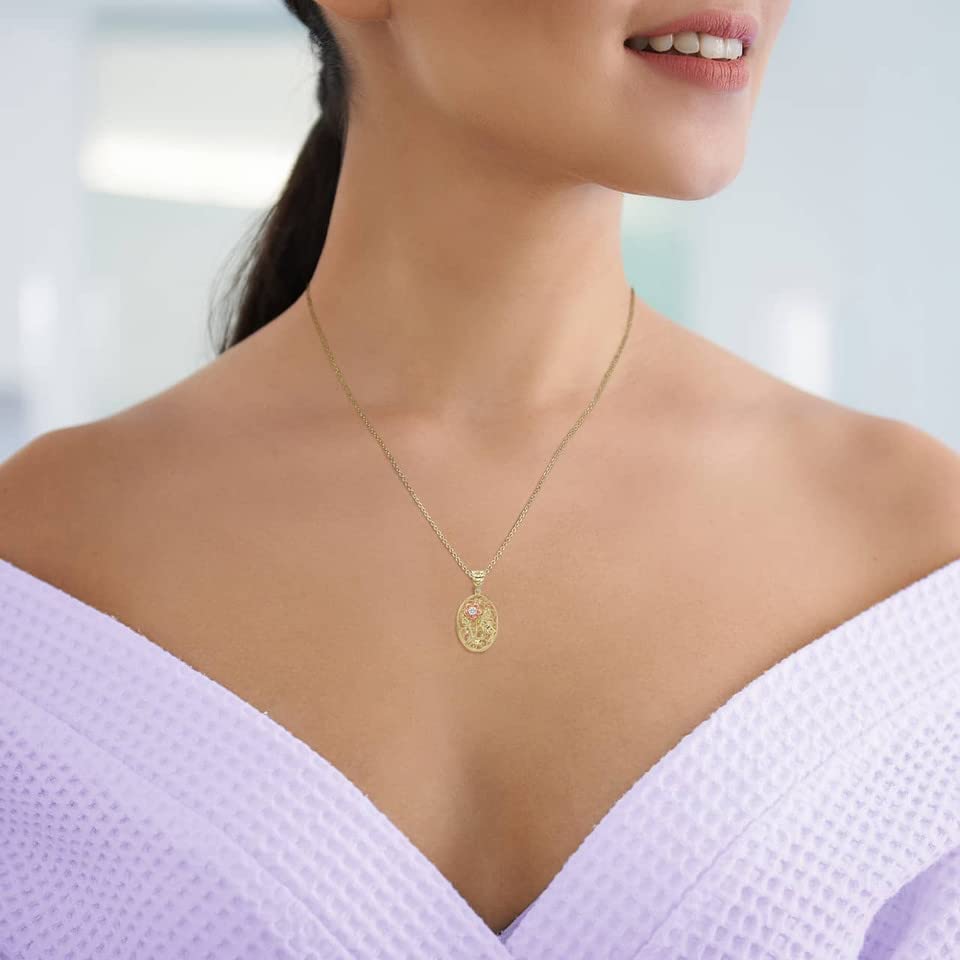 Elegant 14k Two-Tone Gold CZ Oval Filigree Rose Vines Pendant Necklace, 18"