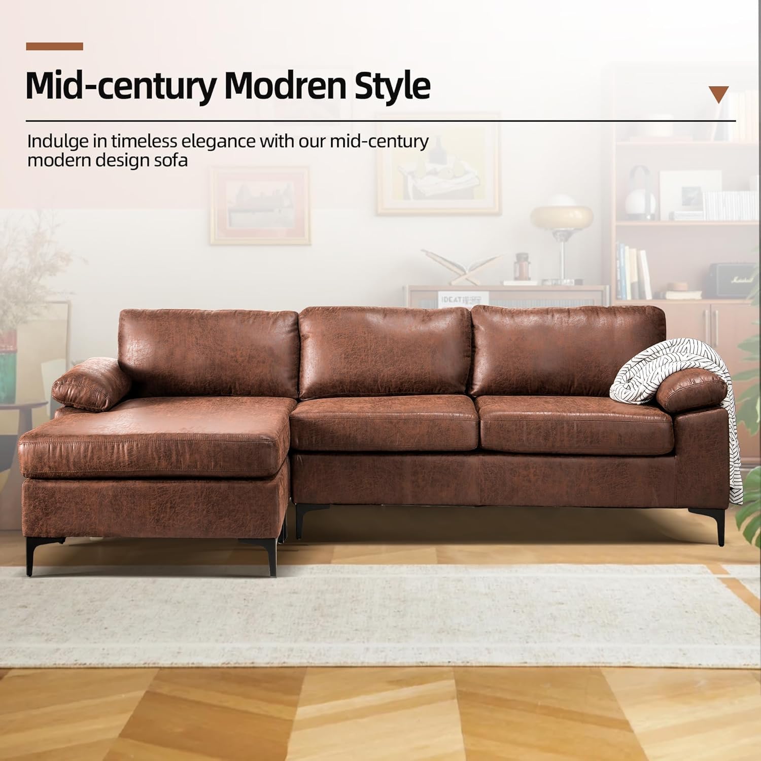 POUUIN 100" Faux Leather Sectional Sofa Couches for Living Room,3 Seater L Shaped Sofa Couch with Reversible Chaise,Mid-Century Modern Comfy Deep Seat Convertible Sofa (Dark Brown,Suede Fabric)