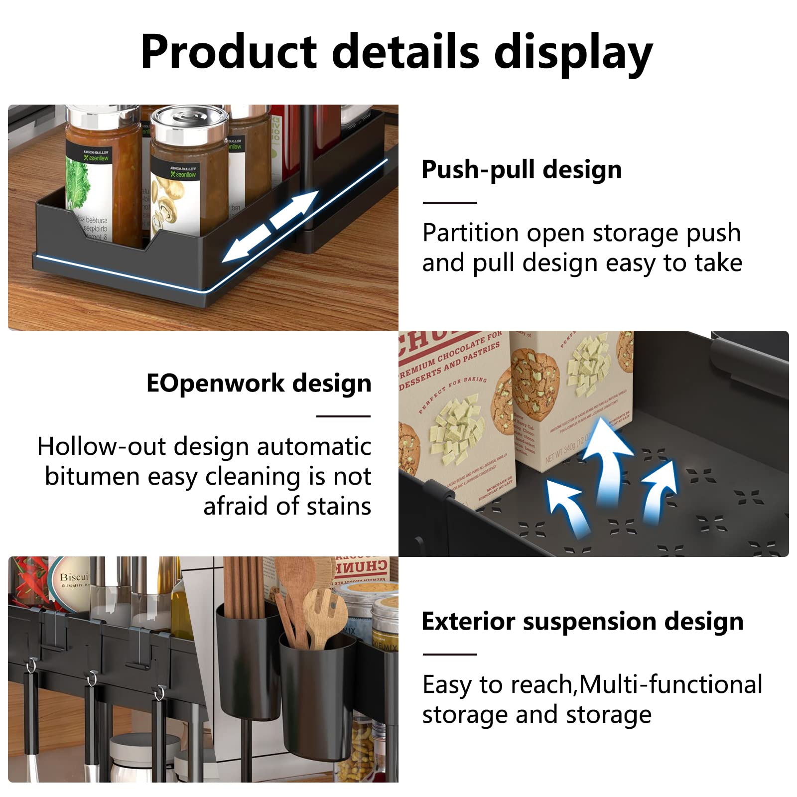 Fourmor Under Sink Organizers and Storage - 2 Tier Slide Out Shelf Under Cabinet Kitchen Storage with 4 Hooks, Pull Out Under Sink Organizer for Kitchen Bathroom Counter Office Pantry