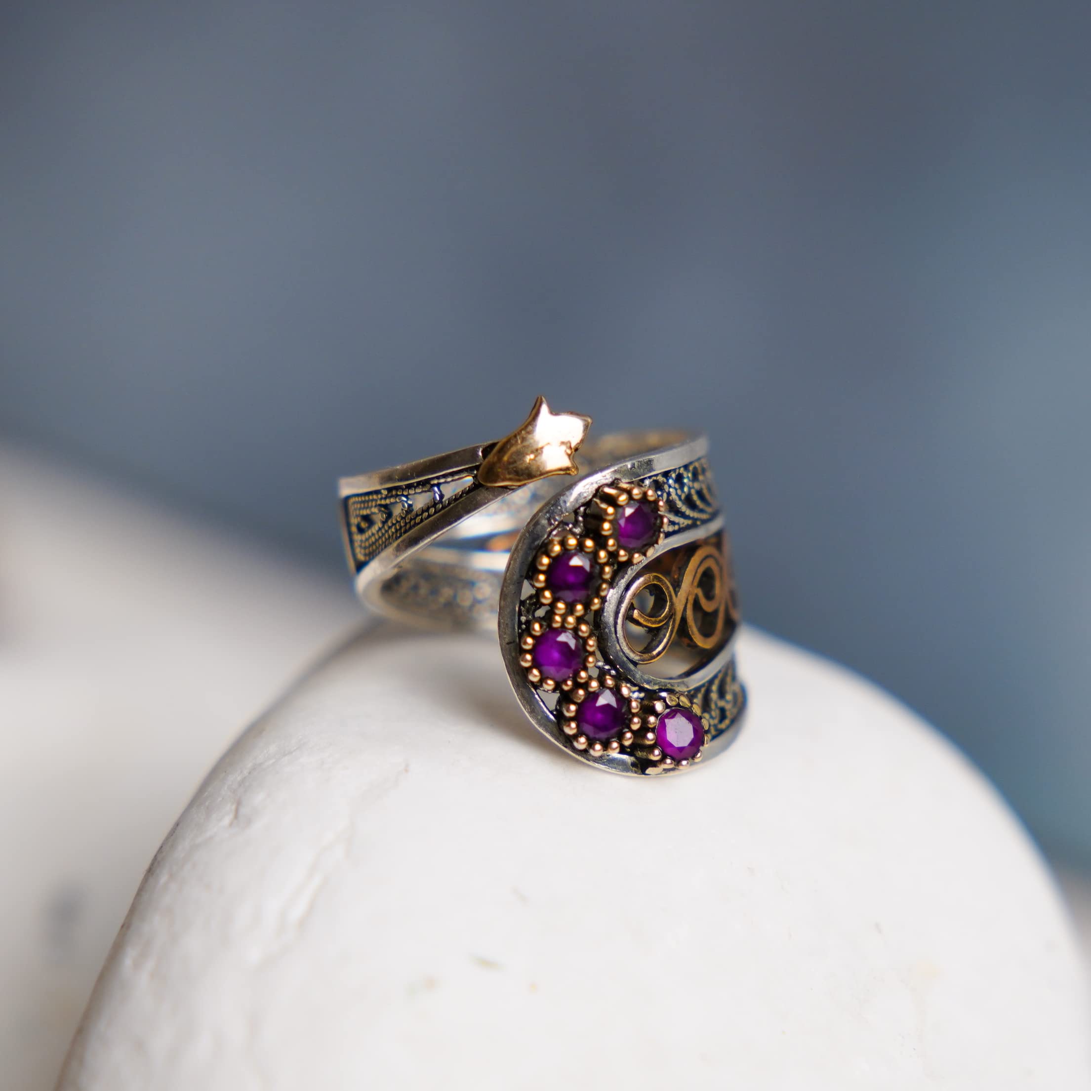 Graely Handmade Root Ruby Stone Filigree Embroidered Elegant Custom Craftsmanship Silver Ring