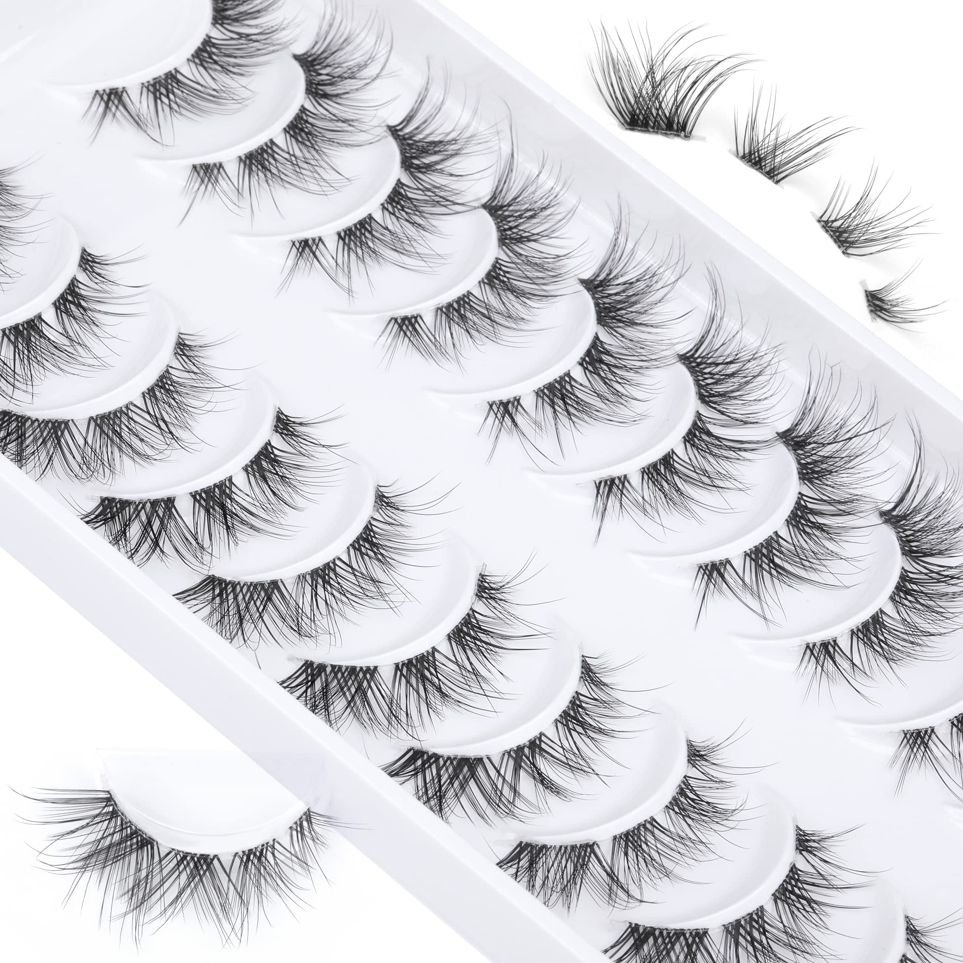 False Eyelashes Cluster Lashes Natural Look, Wispy Manga Eyelash Extensions Strip Cat Eye Lashes Pack with Clear Band Short Anime Korean Fake Eyelash 10 Pairs ALICROWN
