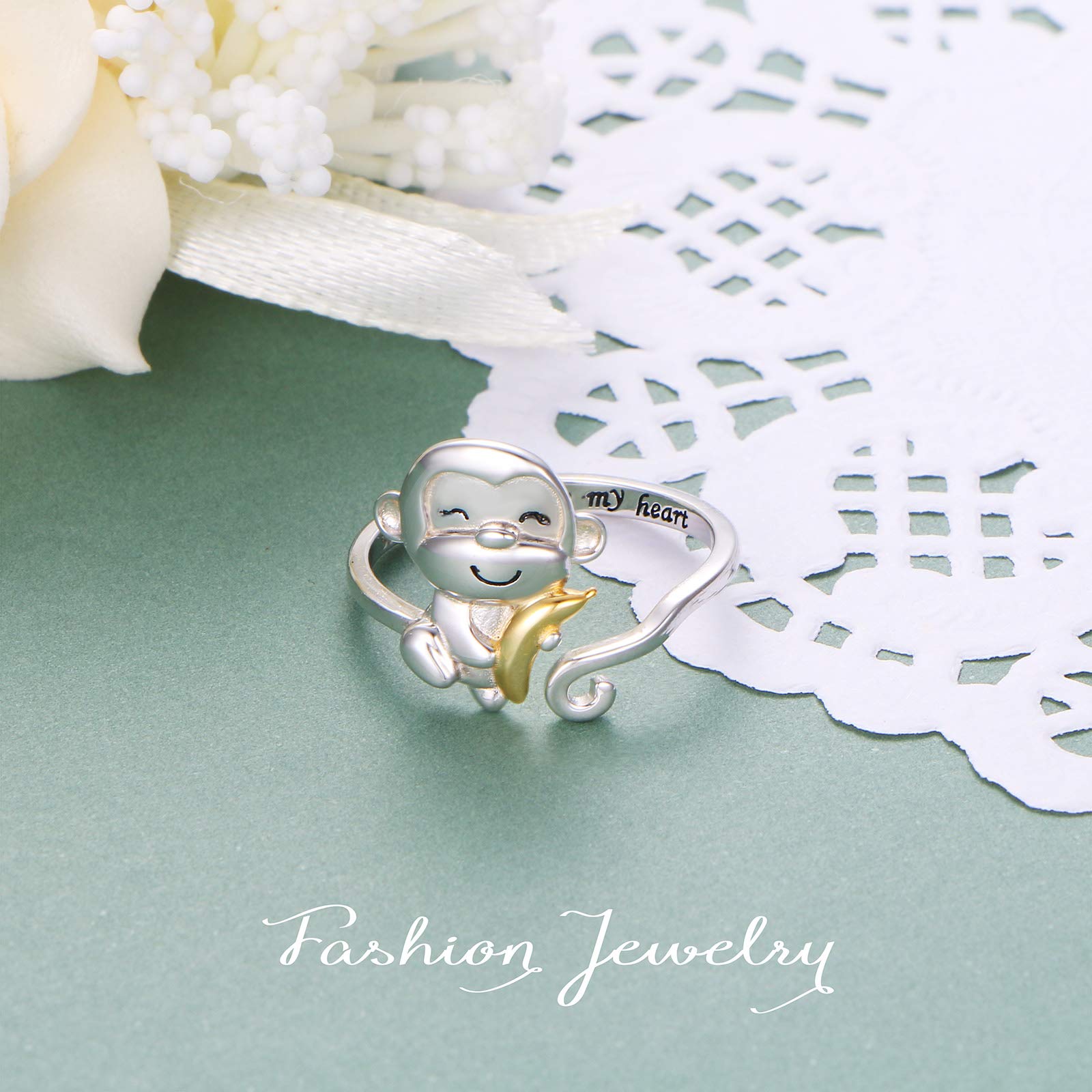 FLYOW 925 Sterling Silver Engraved Always In My Heart Cute Animal Wise Monkey with Banana Adjustable Ring Birthday Jewelry for Women, Size 6