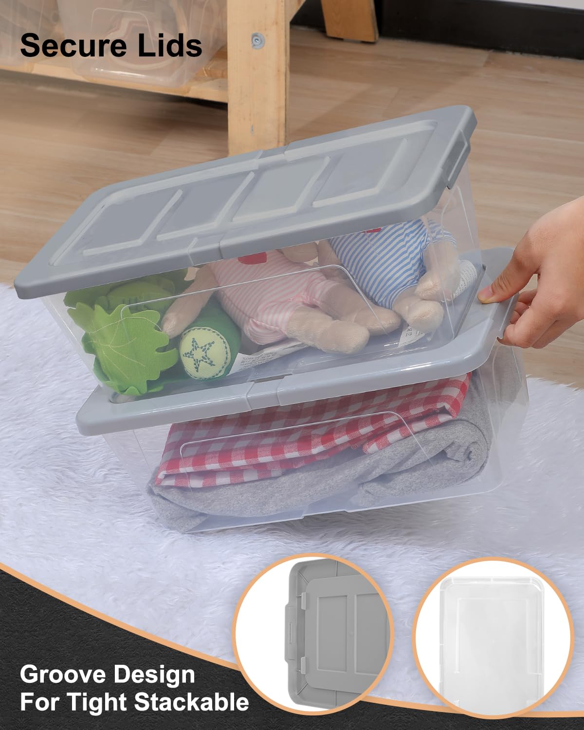 EOENVIVS Plastic Storage Container 12 Pack Plastic Storage Bins with Lids, Stackable Shoe Organizer Boxes Storage Baskets for Organizing Closet Organizers and Storage, Clear+Grey