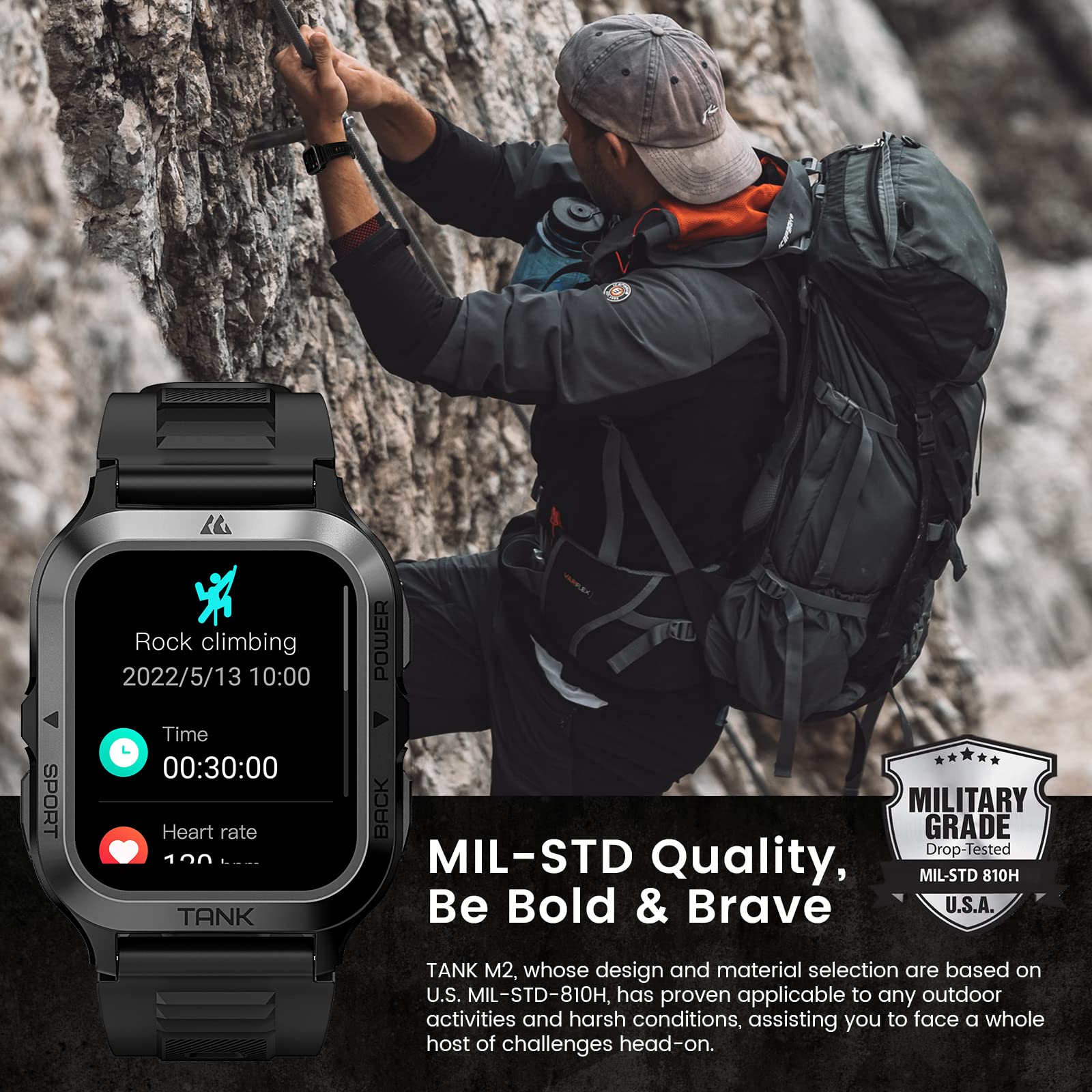 KOSPET Smart Watch for Men - Rugged Military Smart Watch for iPhone and iOS, 50 Days Long Battery Life, Bluetooth Answer/Make Call, 1.85'' Large HD Display, 70+ Sports Modes