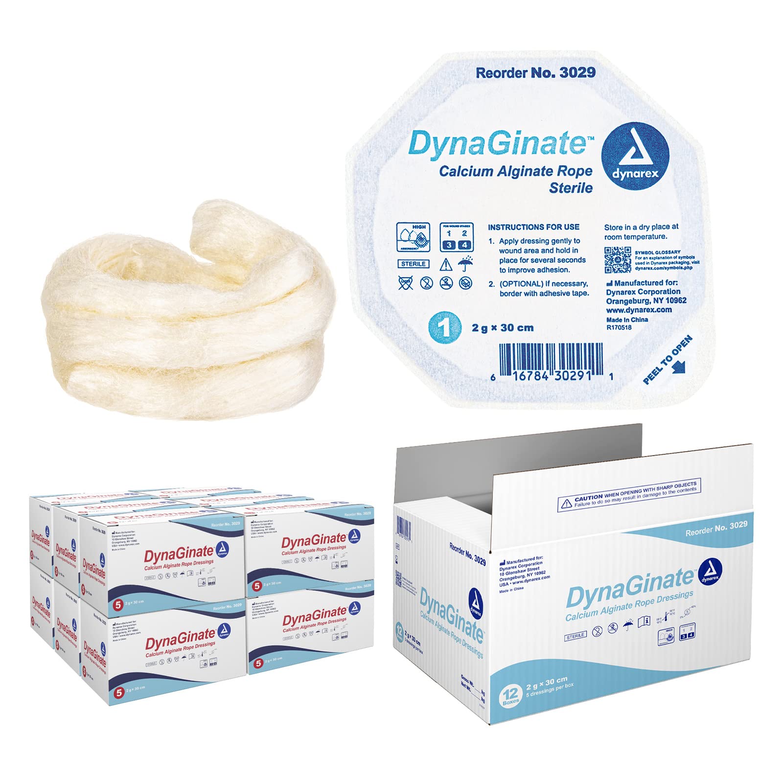 Dynarex DynaGinate Calcium Alginate Wound Dressing - Sterile, Non-Stick Topical Wound Pads - Absorbent Gel Patches for Moderate to High Exuding Cuts - 2g x 30cm, 12 Boxes of 5