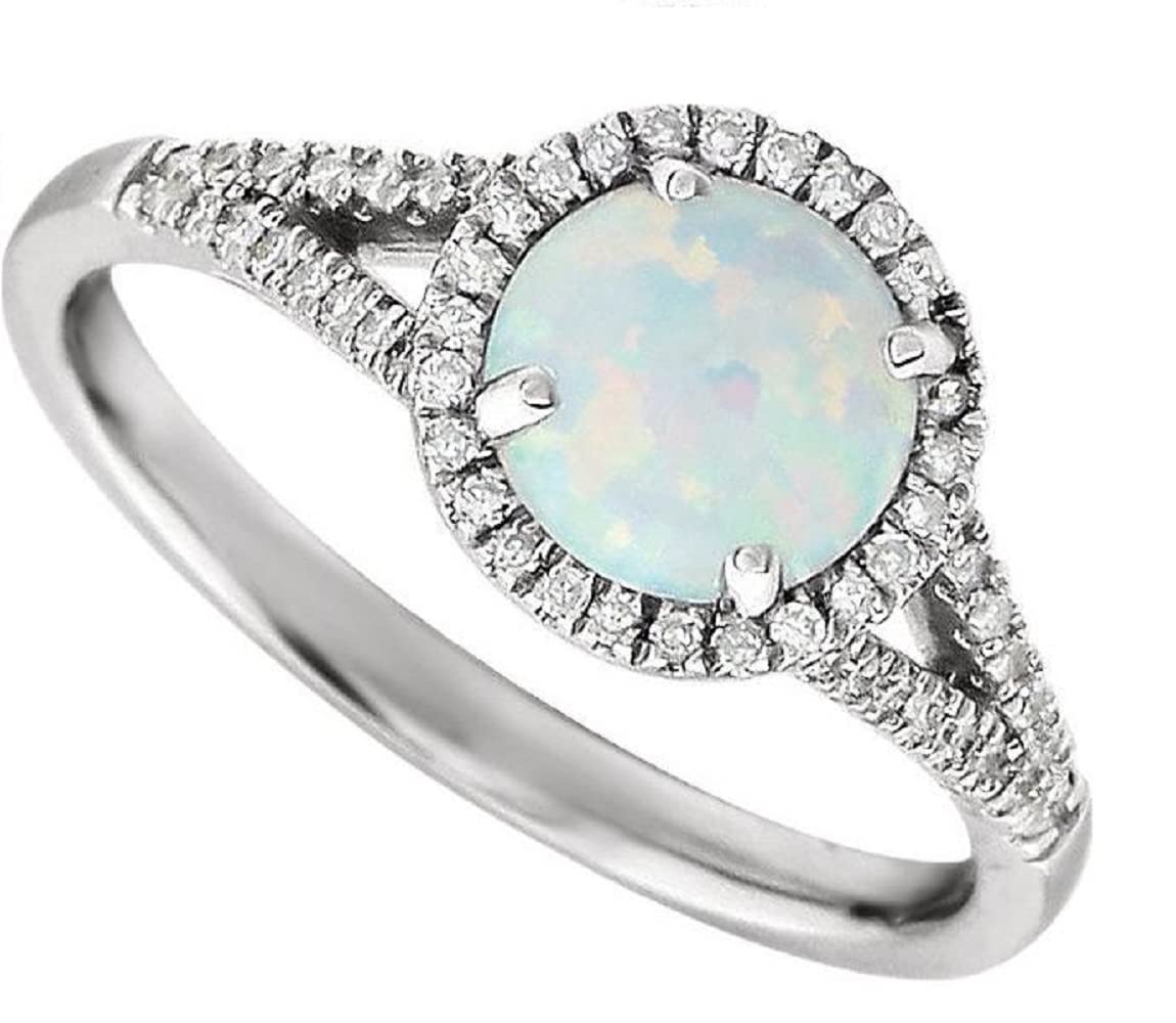 Elegant Touch Round Cut Opal Ring Halo Diamond Ring 925 Silver Wedding & Engagement Ring for Womens 14K White Gold Plated (Ring Size-12)