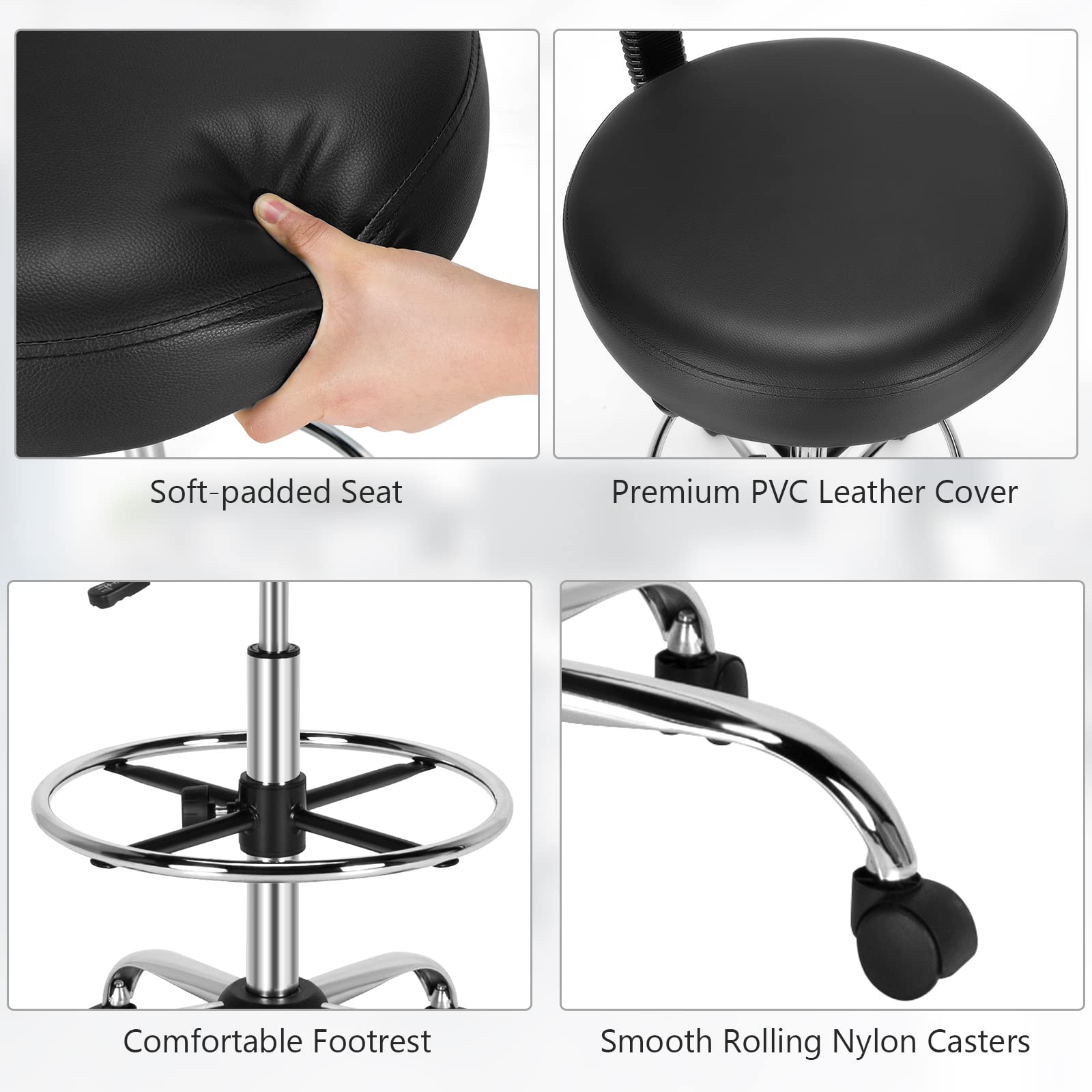 Giantex PU Leather Drafting Chair, Tall Office Chair with Retractable Mid Back, Standing Desk Chair with Adjustable Foot Ring, Ergonomic Upholstered Rolling Stool, Swivel Counter Height Task Chair