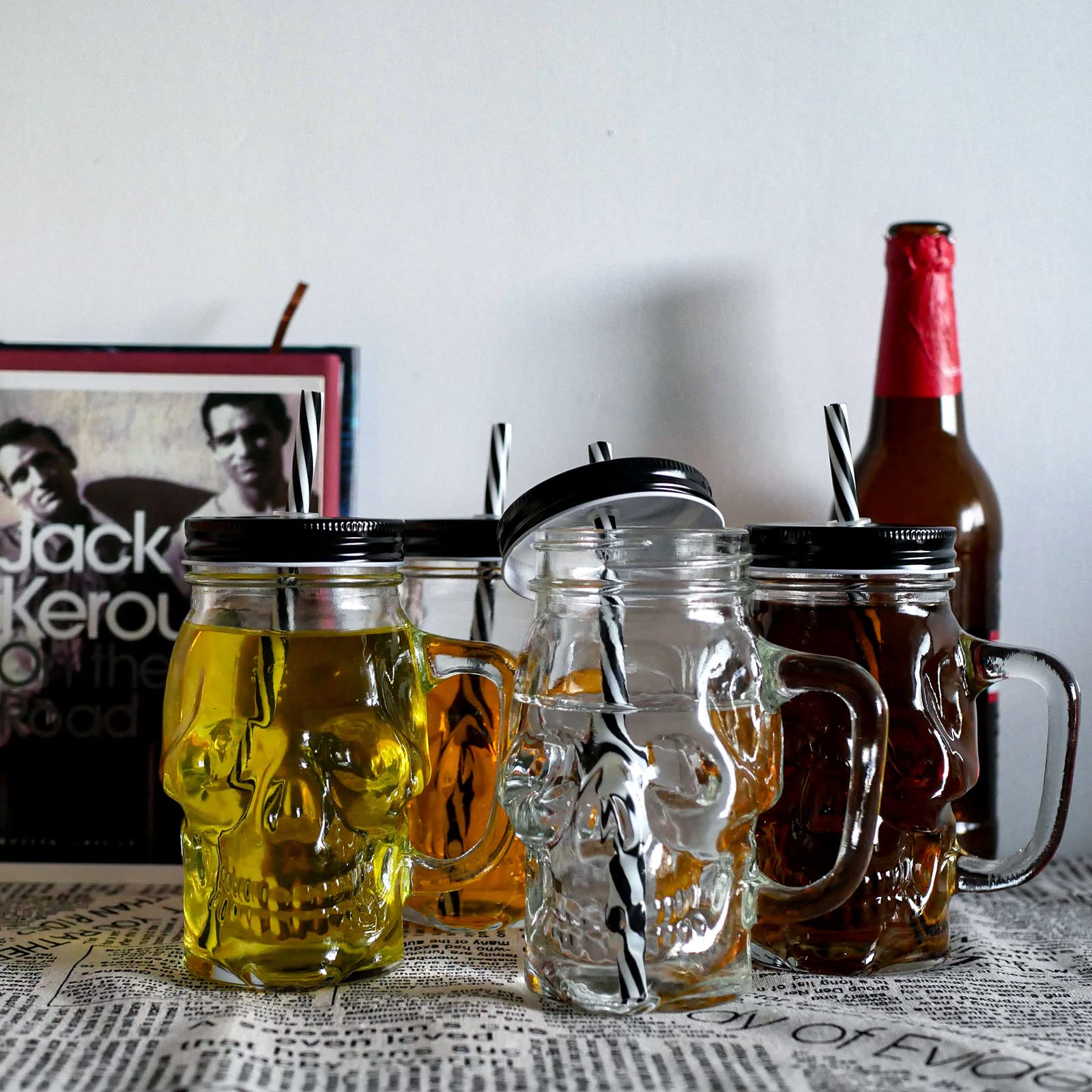 GXFCCYXT 16oz Skull Mason Jar Glass Cup - Set of 4, with Handle & Striped Straws & Black Lids, for Cold & Hot Drinks, Cute Reusable Beer Bottle, Iced Coffee Glasses, Party Juice Glass Cup