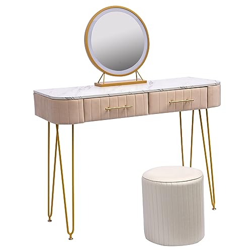 VKKILPEE 39.4" Length Flannel Soft Roll Makeup Vanity Set, Fashionable Soft Roll Makeup Table, 15.8" Touch Control 3 Brightness Options LED Mirror, Large Capacity Storage, Fashionable Soft Roll Stool
