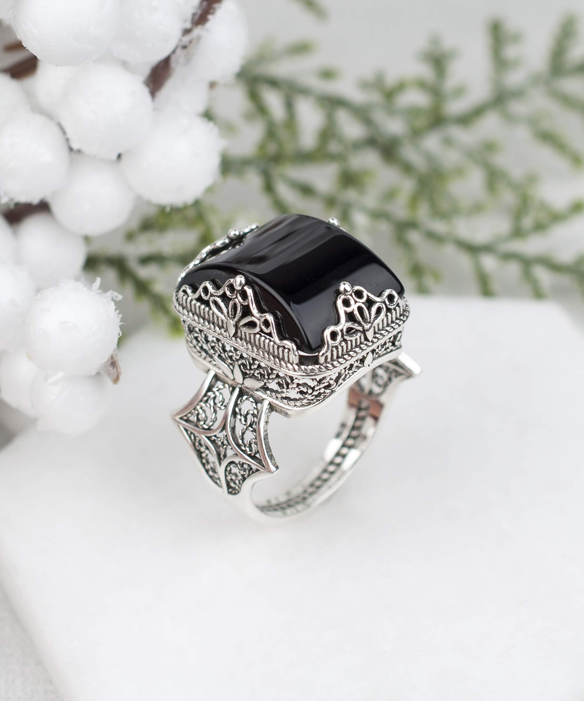 Genuine Unakite Black Onyx Gemstone 925 Sterling Silver Filigree Style Unisex Bold Ring Special for You and Your Precious (Size 5-12) (9, Onyx)