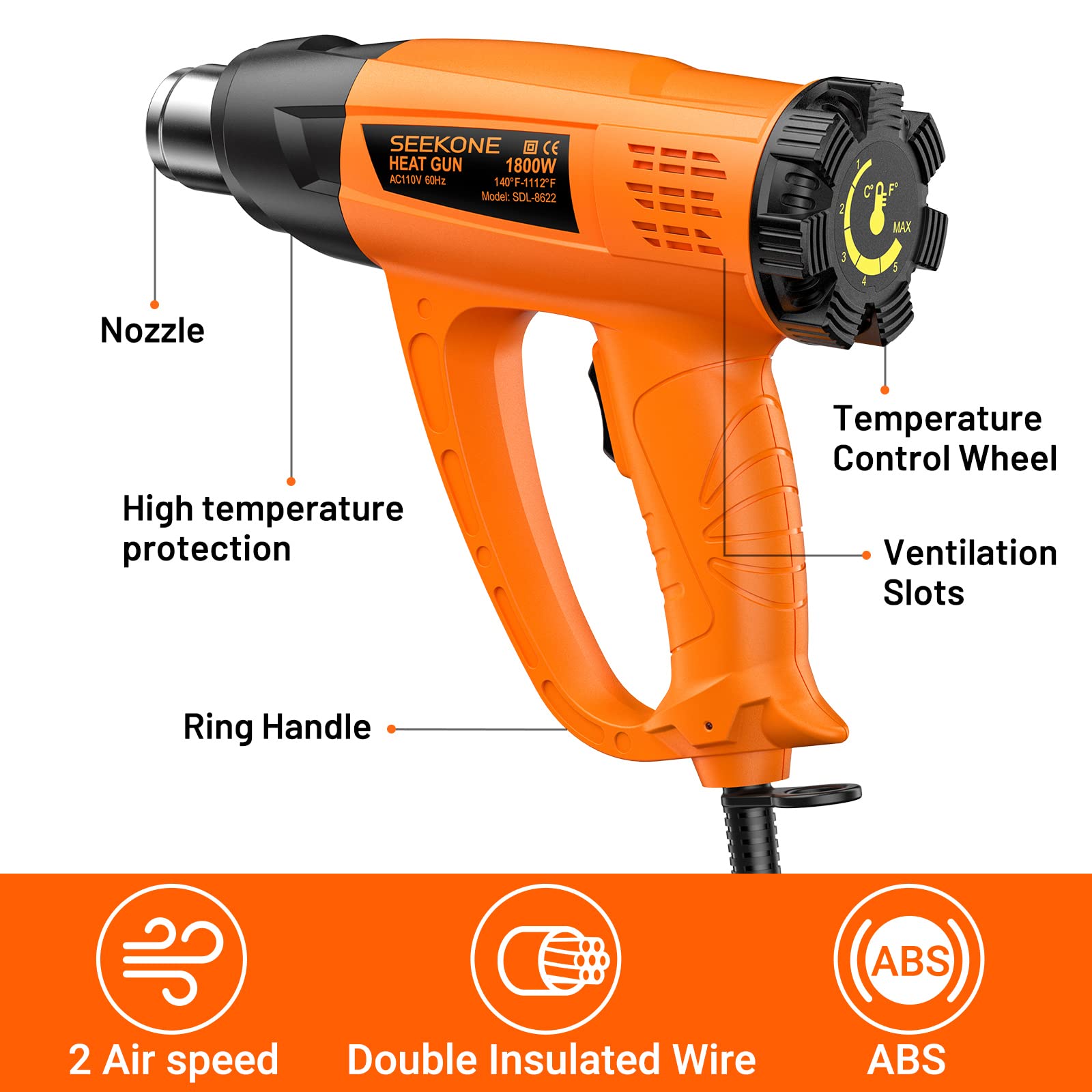 SEEKONE Heat Gun 1800W Heavy Duty Hot Air Gun Kit Variable Temp Control with 2-Temp Settings 7 Accessories 140℉-1112℉(60℃- 600℃)with Overheat Protection for Crafts, Shrinking PVC, Stripping Paint