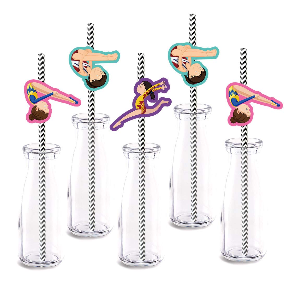 Gymnastics Party Straw Decor, 24-Pack Gymnast Baby Shower Kids Birthday Party Decorations, Paper Decorative Straws