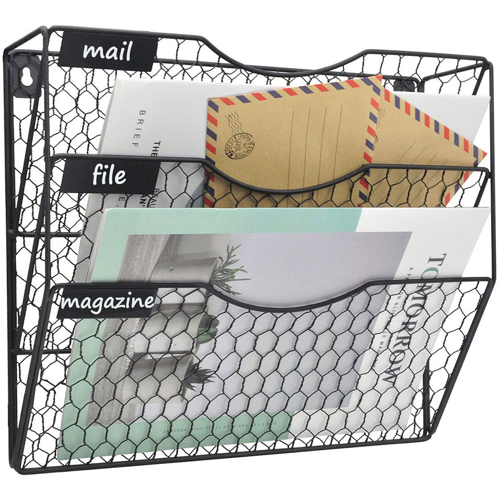 EASEPRES Mail Organizer Wall Mount, 5 Tier Metal Chicken Wire Hanging File Holder Office Storage and Organization
