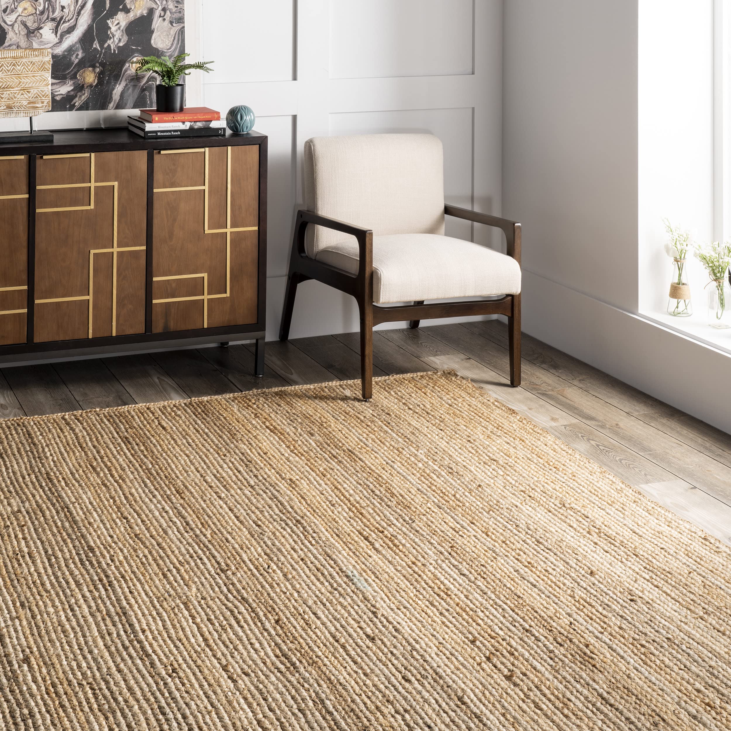 nuLOOM Rigo Hand Woven Farmhouse Jute Area Rug, 4' x 6', Natural