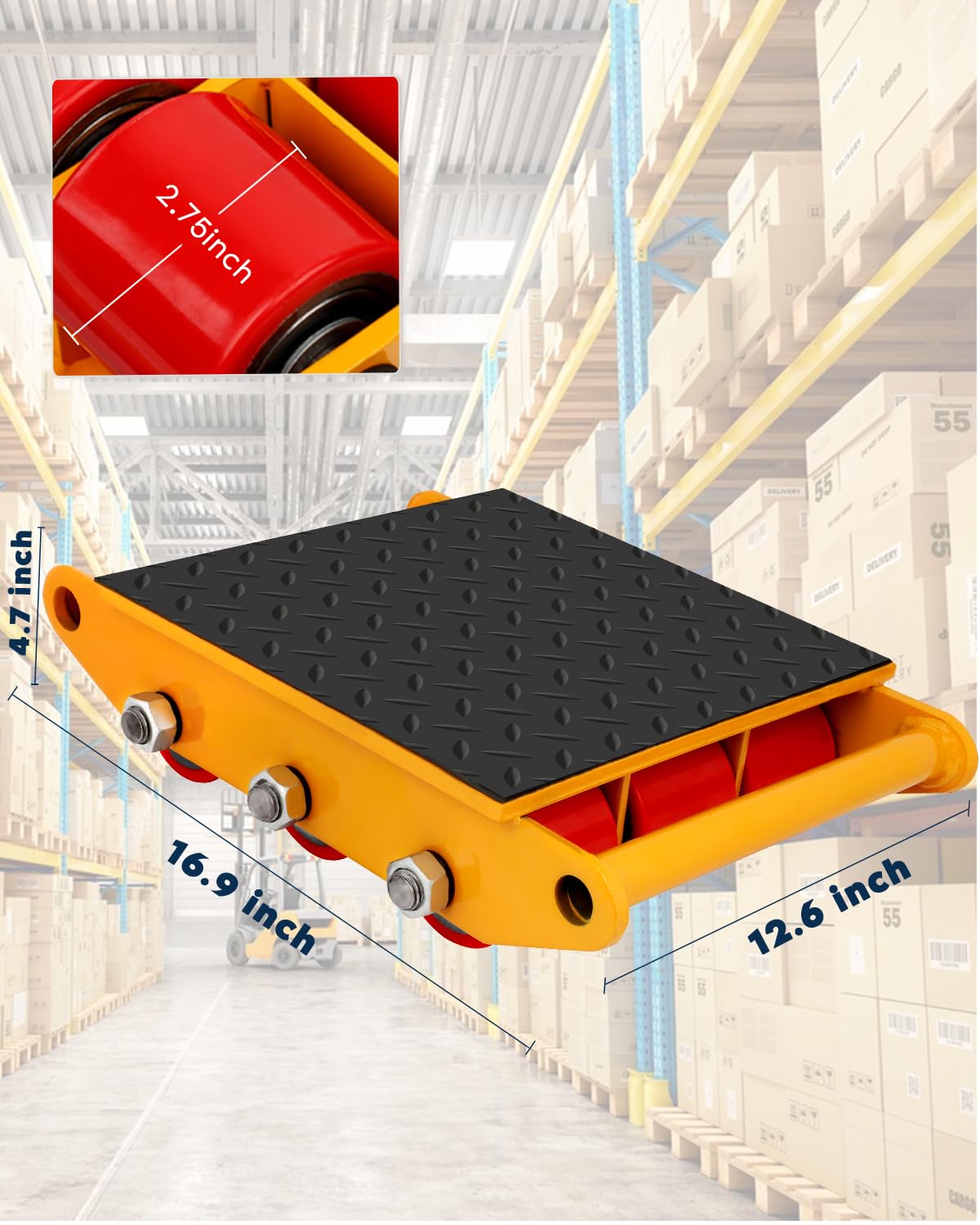 FAHKNS Machinery Moving Skate Heavy Duty Machinery Skates Cargo Mover 15T Machine Skates with Non-Slip Cap 9 PU Rollers for Heavy Duty Industrial Moving Equipment(Yellow)