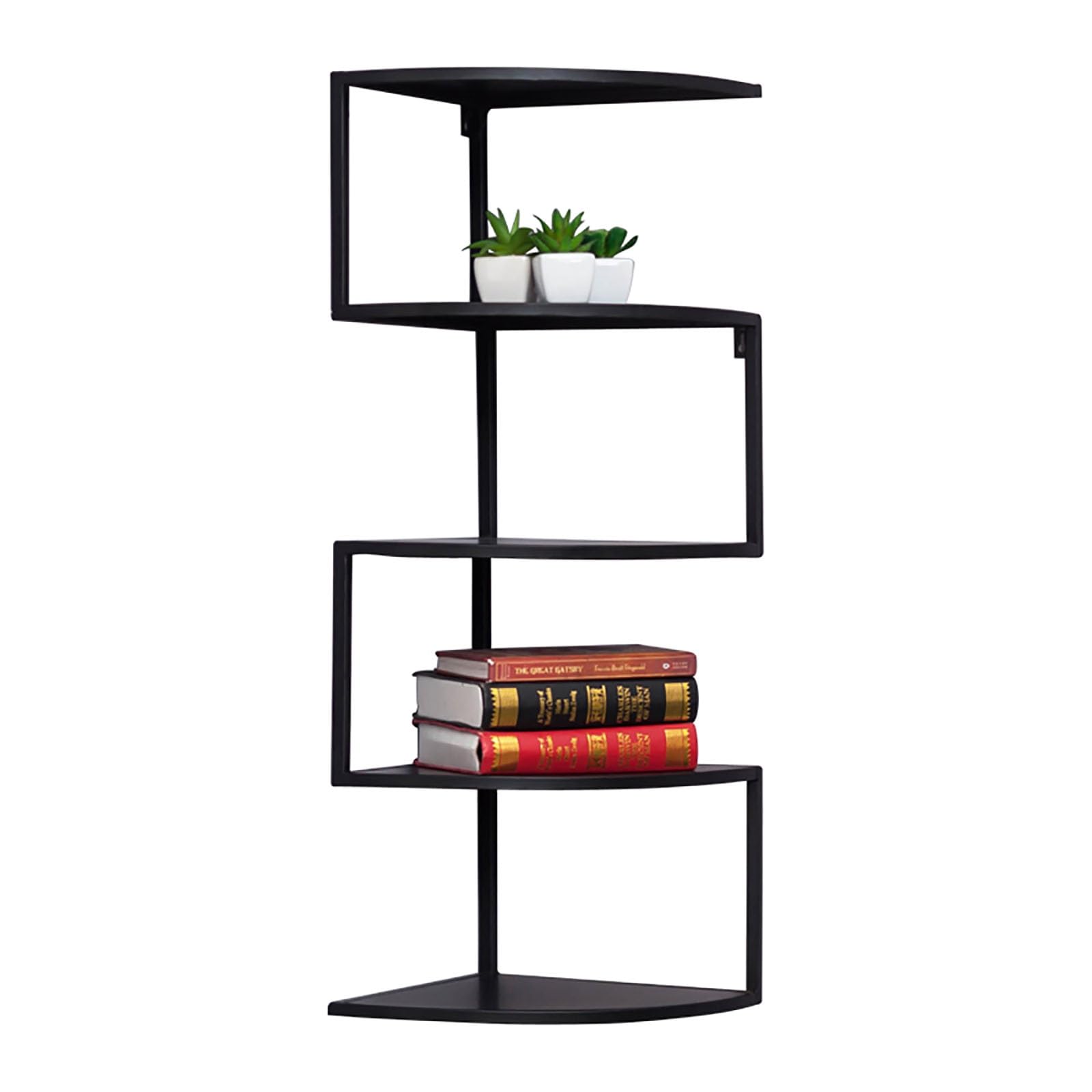ZSH-zwj 4/5 Tier Corner Wall Shelf Iron Floating Shelves Storage Bookshelves Potted Display Stand Home Decoration (Color : Black, Size : 29.5 * 29.5 * 87.5CM)