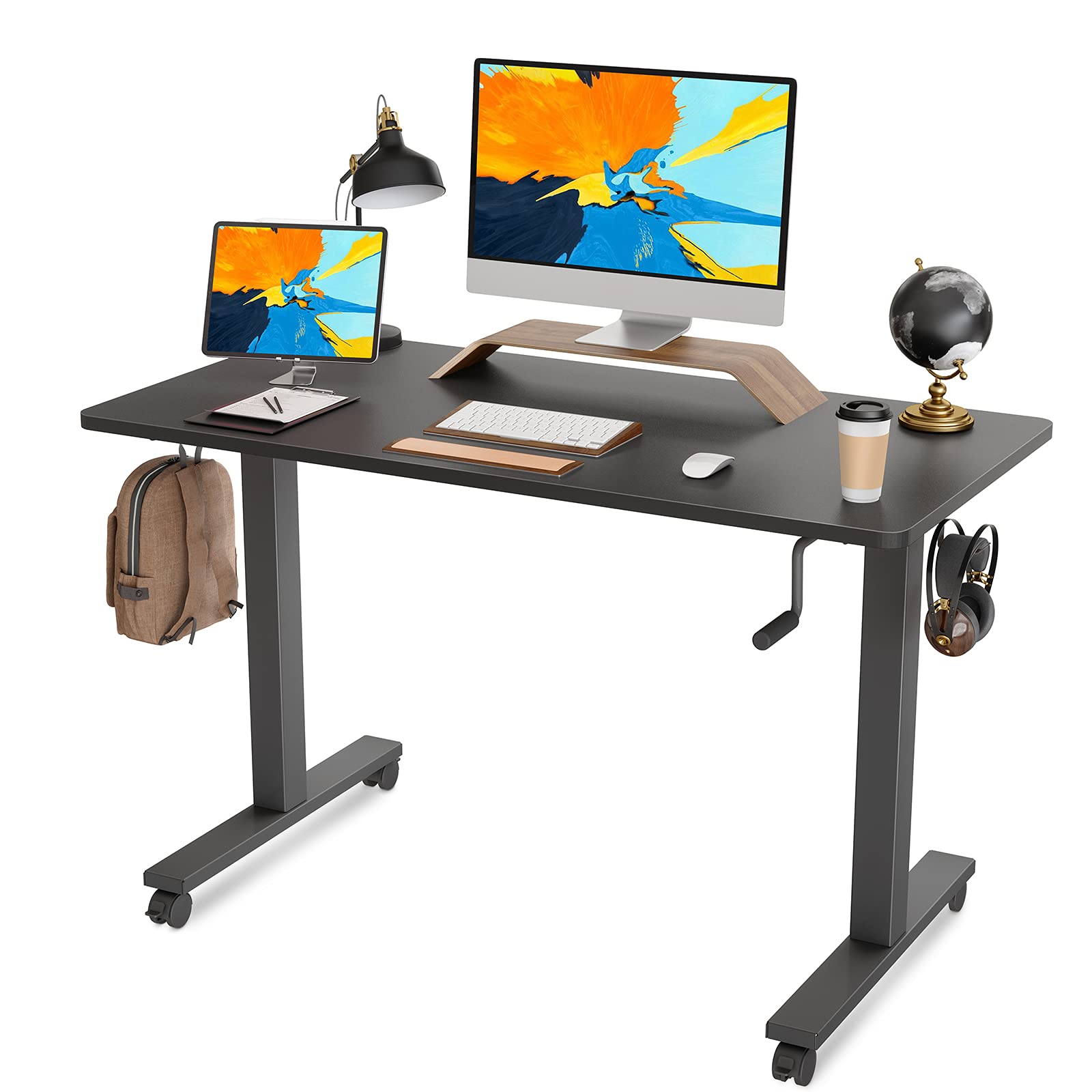 FAMISKY Crank Adjustable Height Standing Desk, 48 x 24 Inches Manual Stand up Desk, Sit Stand Workstation for Home Office with Handle and Splice Board, Black Frame/Black Top