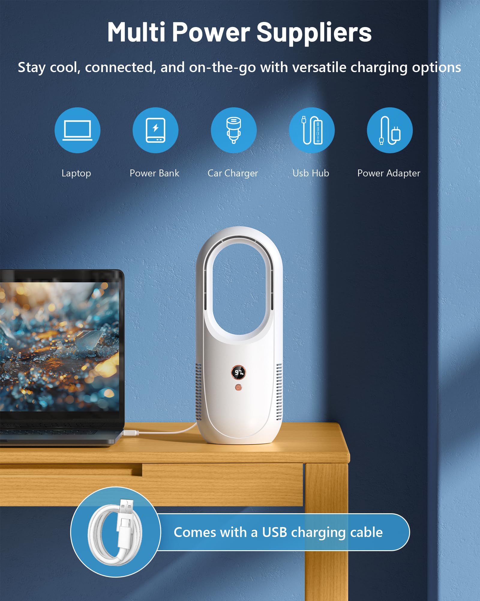 RELEXNOW 13.8" Bladeless Desk Fan - 6 Speed Modes, Small Bladelss rechargeable fan with 6000mAh Battery, Quite Office fan, Easy to Clean & Touch Control, Desk Fan Small Quite for Office, Bedroom