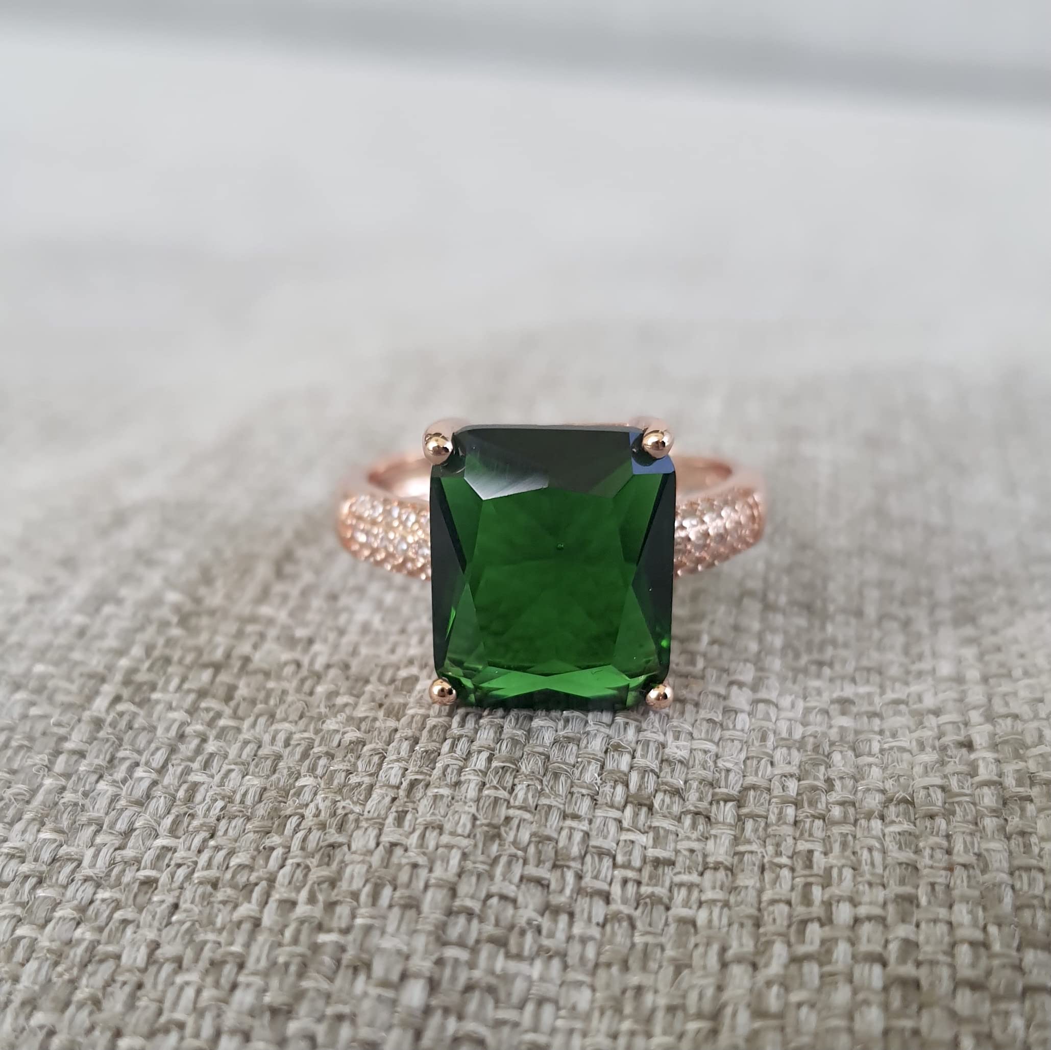 Good Luck Ring for Women. Green Stone Talisman Ring, Dream, Money Ring Rectangular Shape 16K. Birthstone Ring Psychic Spell Ring. (White Gold)