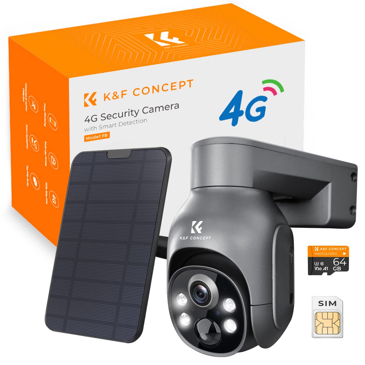 K&F Concept 4G LTE Cellular Security Camera with SD & SIM Card, No WiFi Security Camera with 2K Color Night Vision, 360°View, PIR Motion Sensor, 2 Way Talk, Cloud/SD Storage