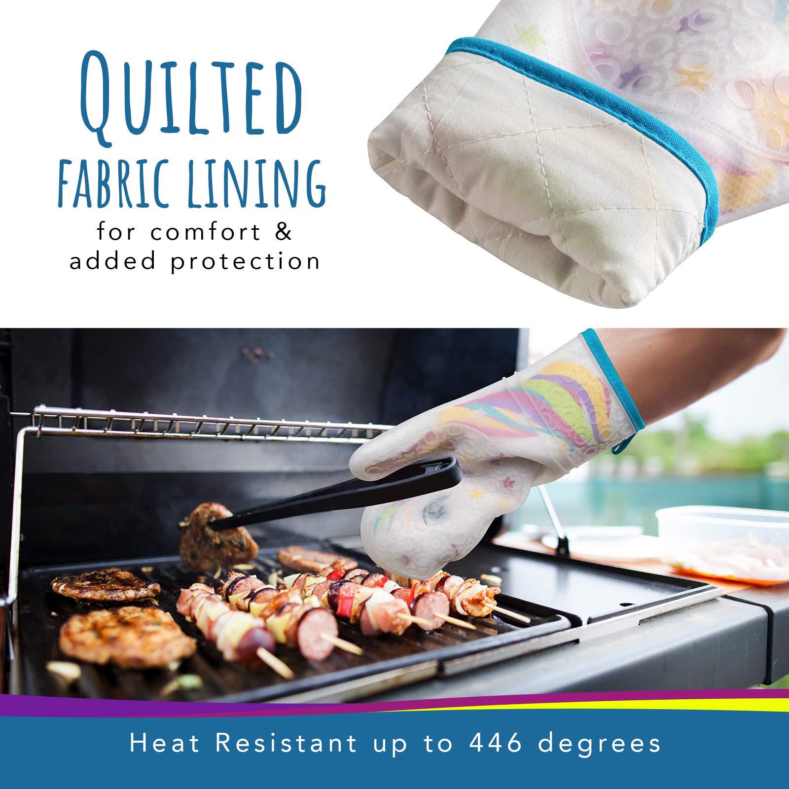 Gears Out Glitter Magic Unicorn Silicone Oven Mitt - Funny Oven Mitts - Heat Resistant Kitchen Glove, Soft Silicone, Quilted Fabric Lining