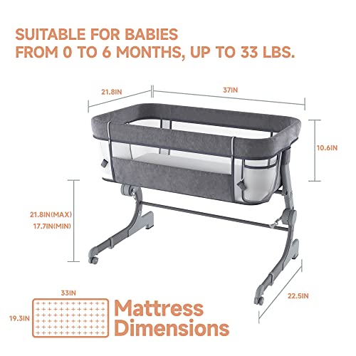 Gyvif Baby Bassinet Bedside Sleeper Crib, Easy Folding Co Sleeper Bed Side Adjustable Height Portable Crib with Wheels for Newborn