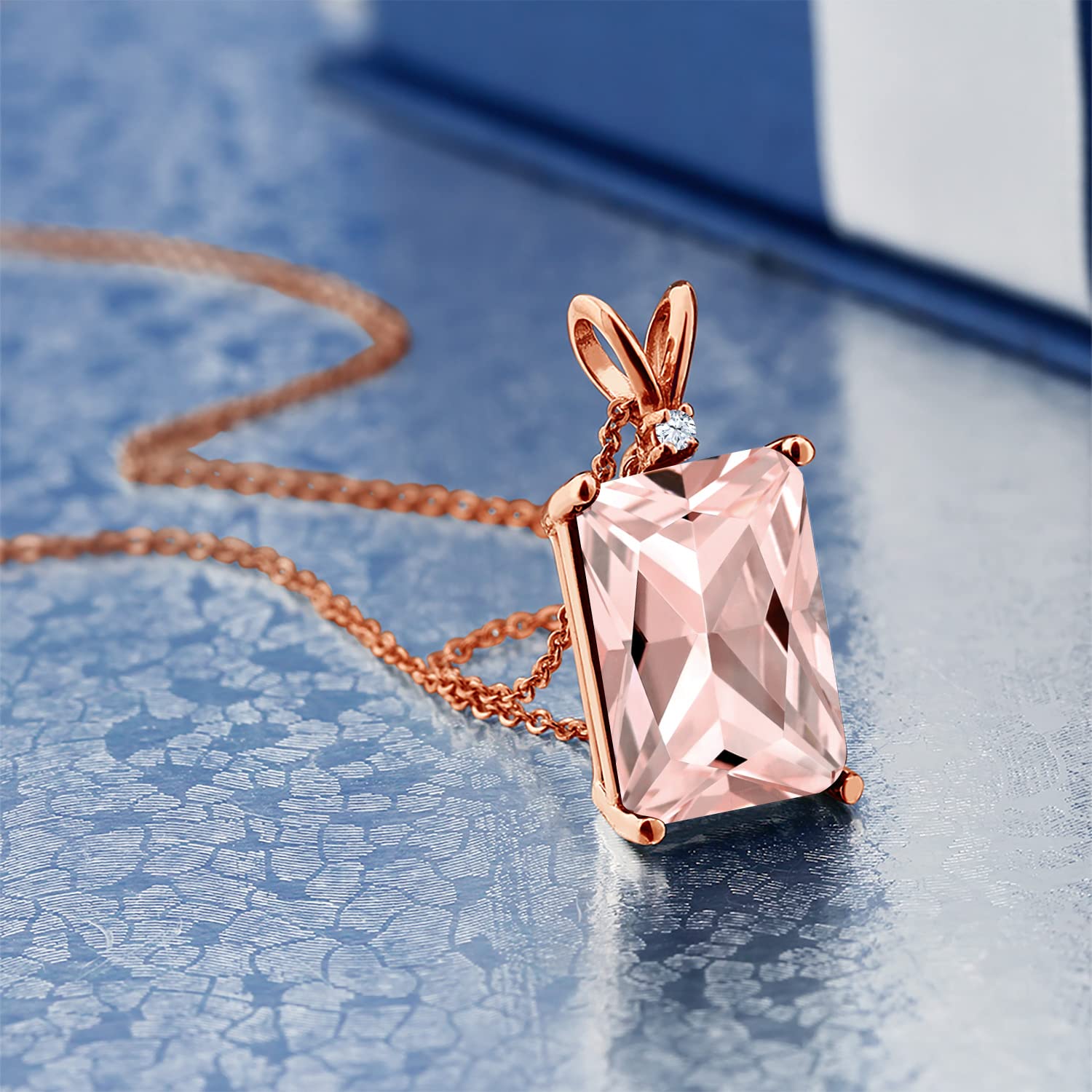 Gem Stone King 18K Rose Gold Plated Silver Peach Nano Morganite Pendant Necklace For Women (6.32 Cttw, Gemstone October Birthstone, Emerald Cut 14X10MM, with 18 Inch Silver Chain)