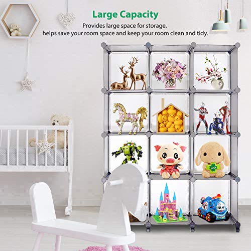 TomCare Cube Storage Organizer 12-Cube Closet Storage Shelves Cube Organizer Cube Shelf Storage Cubes Plastic Bookshelf Bookcase DIY Square Closet Cabinet Organizers Shelves for Bedroom Office, Grey