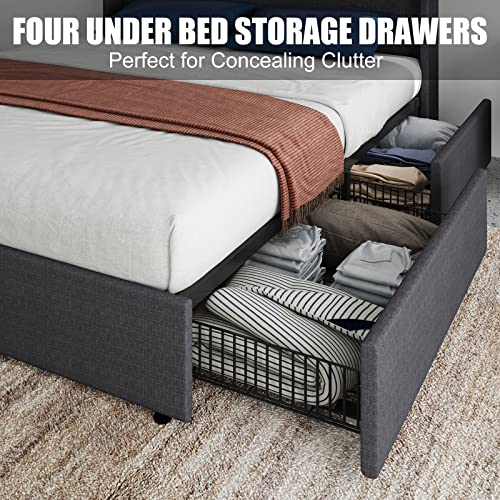 LUXOAK Queen LED Bed Frame with Wingback Headboard, Upholstered Platform Bed with 4 Storage Drawers & Charging Station, App/Remote Control, Box Spring Optional, Dark Grey…