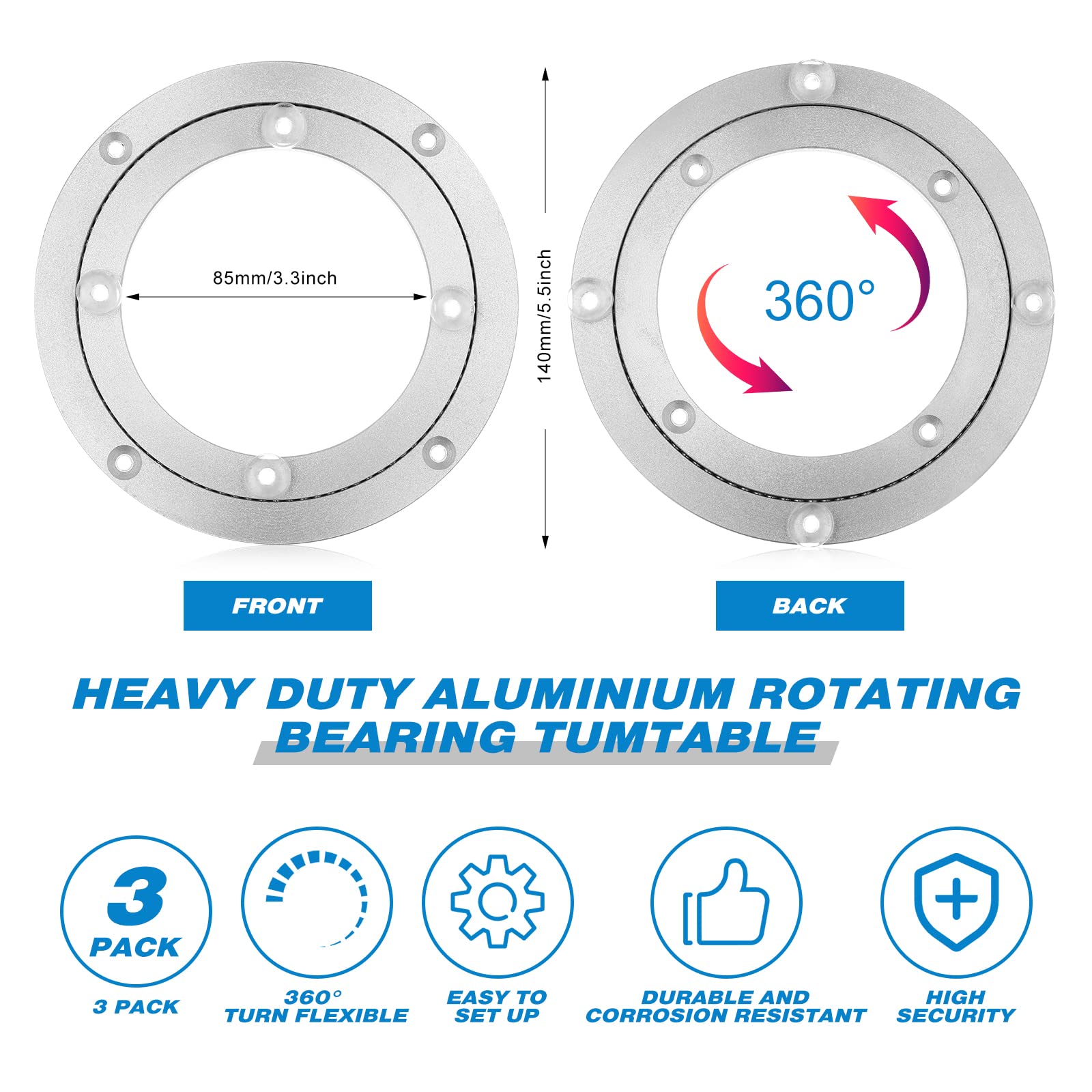 Hicarer 3 Pack 5.5 Inch Lazy Susan Bearing Hardware Turntable Heavy Duty Aluminum Small Lazy Susan Rotating Turntable Kitchen Base Turn Rotary Bearing Swivel Plate for Heavy Loads