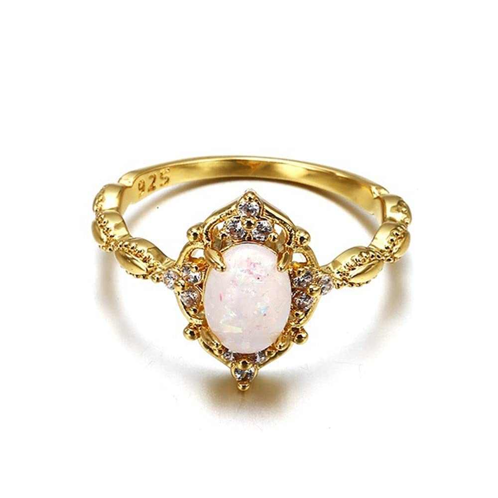 FZO 18K Yellow Gold Plated Oval Shape Opal Ring Solitaire Birthstone Ring Eternity Engagement Wedding Band Ring for Women ST.238 7