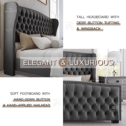 LUXOAK Queen Platform Bed Frame with Wingback Headboard, Velvet Upholstered Bed Frame with Handmade Button Tufted & Nailhead, Wooden Slats Support, Grey