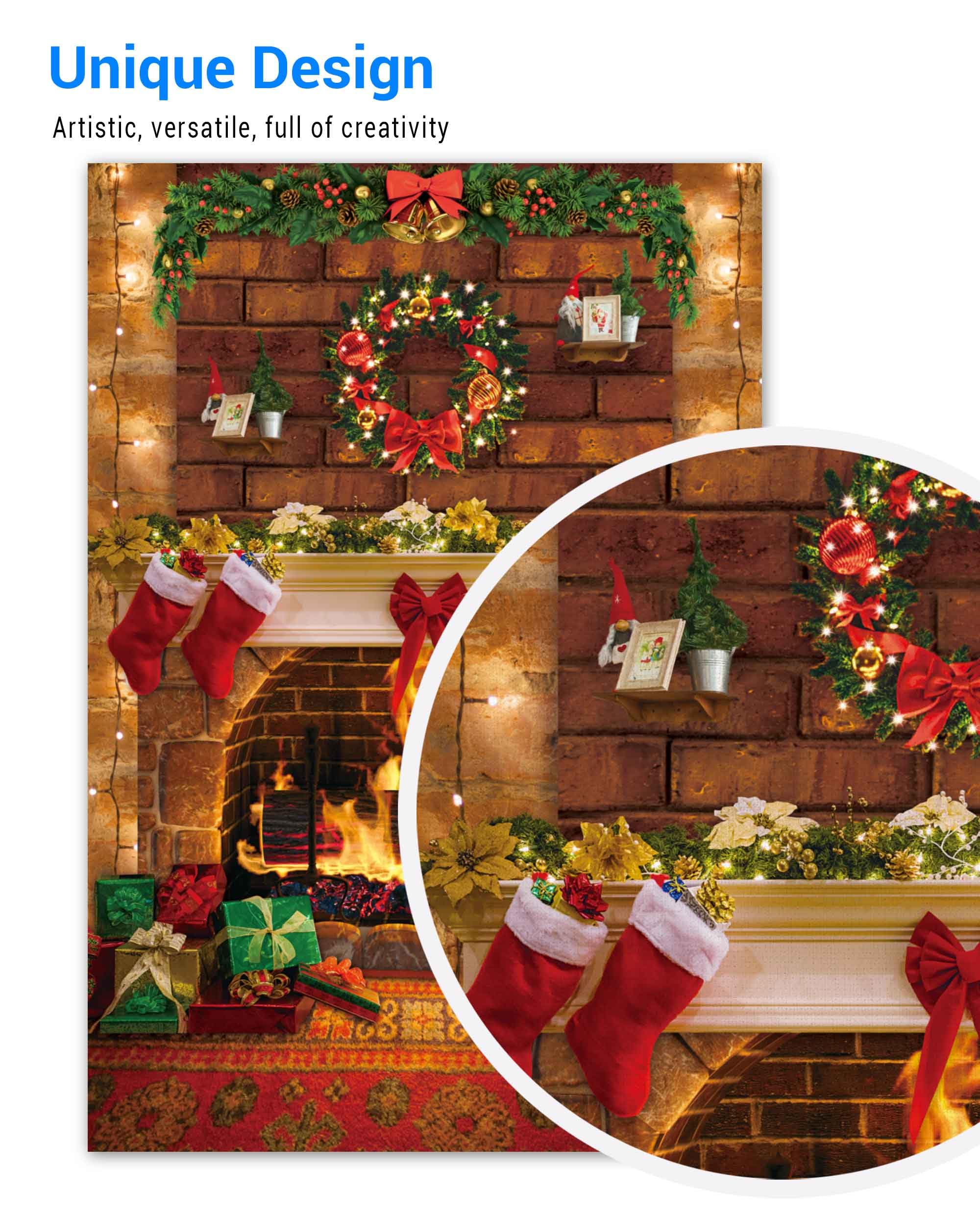 Funnytree 5x7FT Christmas Fireplace Photography Backdrop Rustic Red Brick Wall Background Merry Xmas Eve Party Supplies Decoration Banner Portrait Photo Booth Studio Props