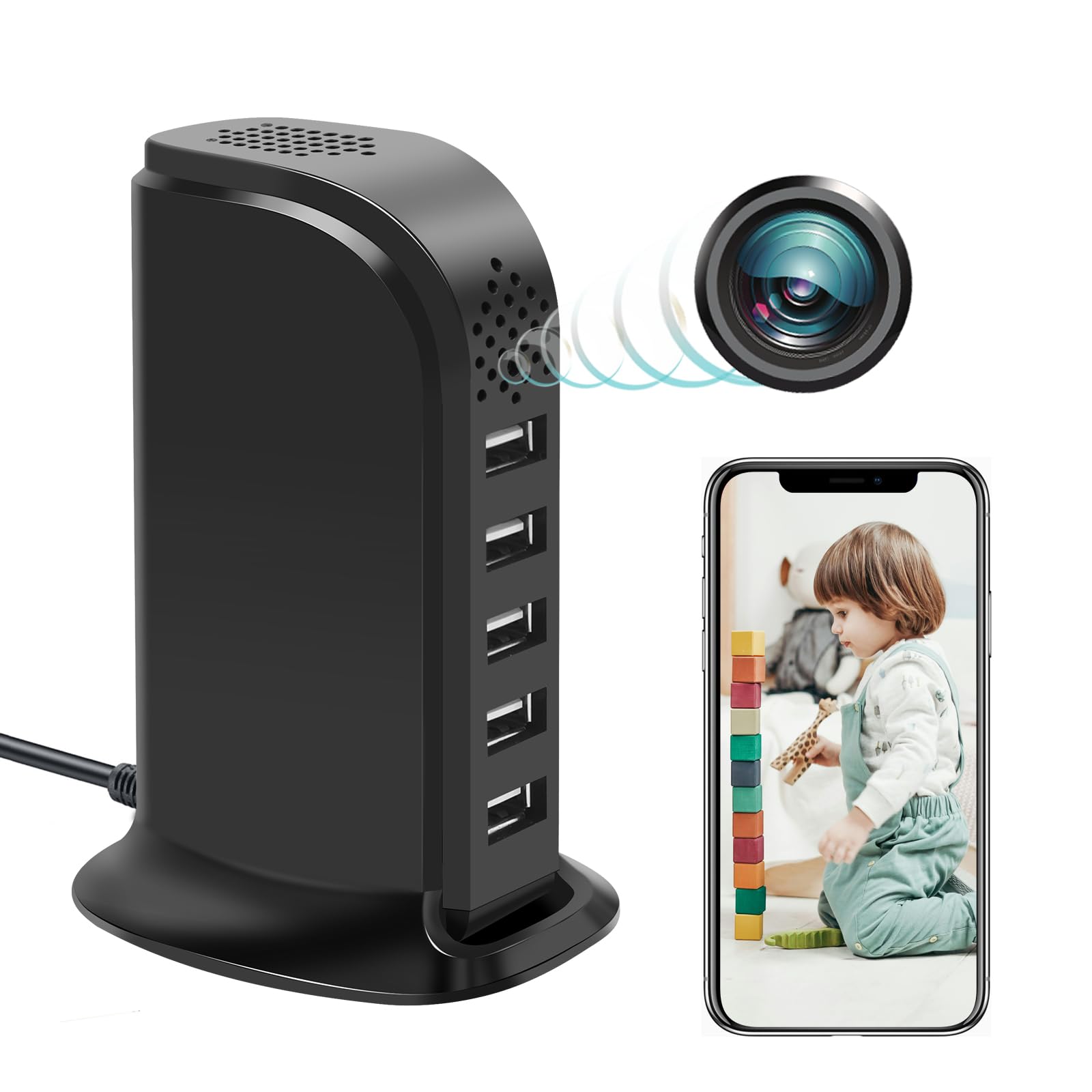Hidden Camera WiFi USB Charger Spy Camera 5-Port Phone Charger Camera Wireless 1080P HD Security Cameras with Motion Detection, APP Control for Home/Office Surveillance, No Audio